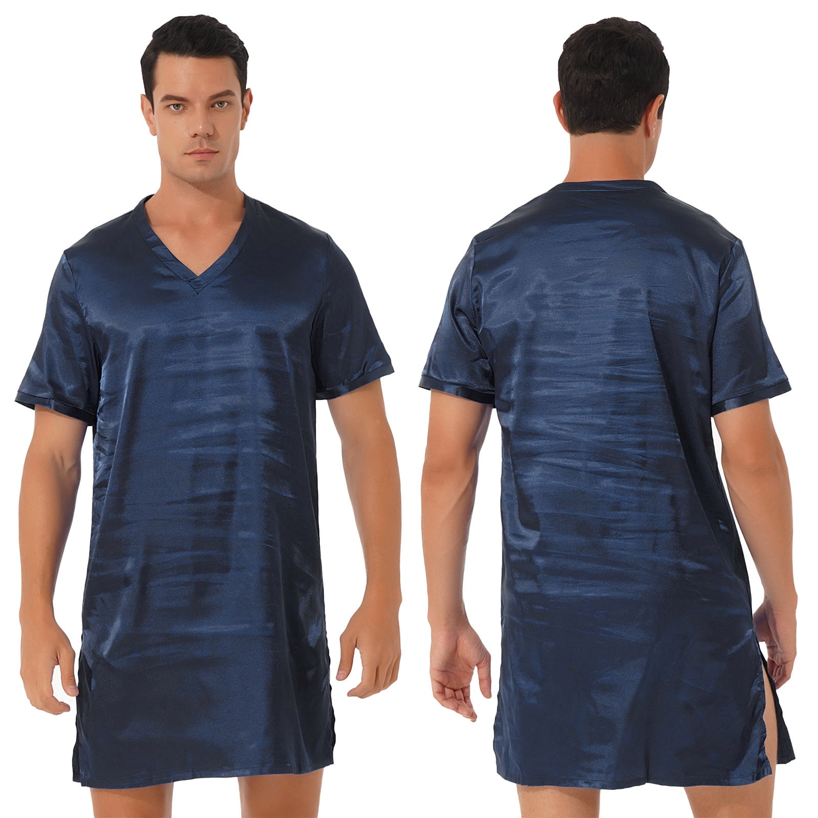 Alvivi Men Satin Nightgown V Neck Short Sleeve Sleepwear Solid ...