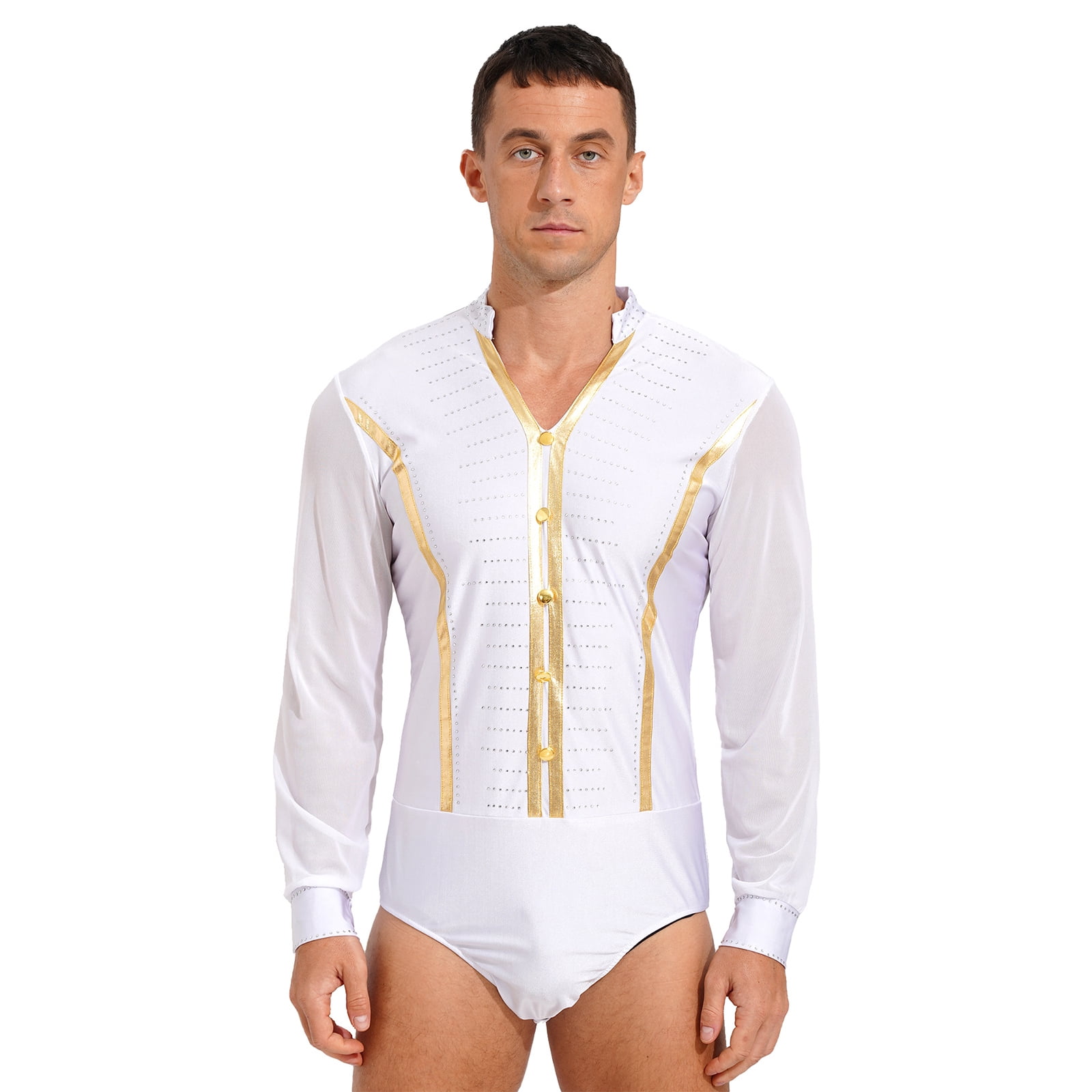 Alvivi Men's Mesh Long Sleeve V Neck Jumpsuit Leotard Ballroom Samba ...