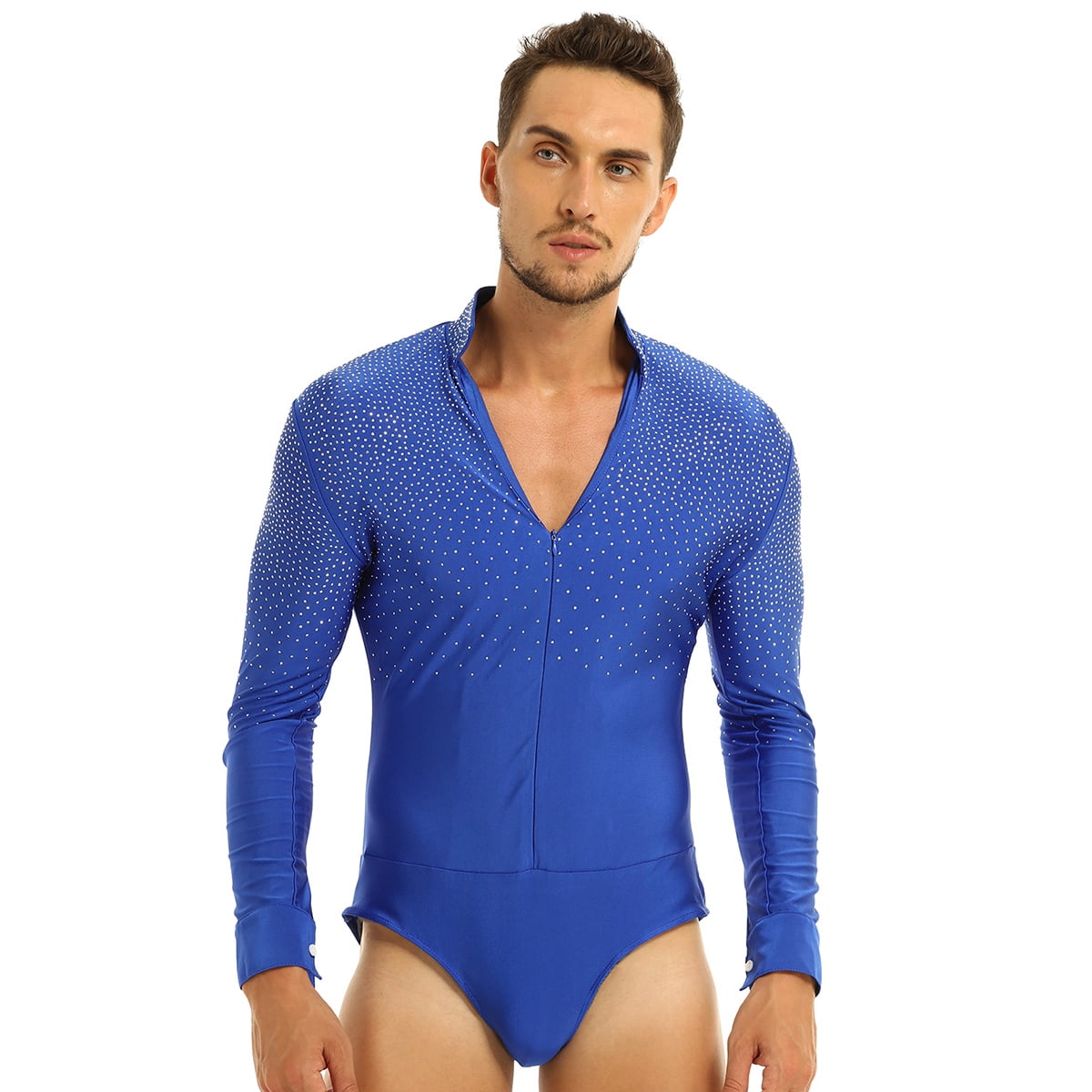 Alvivi Mens One Piece Leotard Shiny Rhinestones Long Sleeve Latin Dance Shirt Ballroom Bodysuit