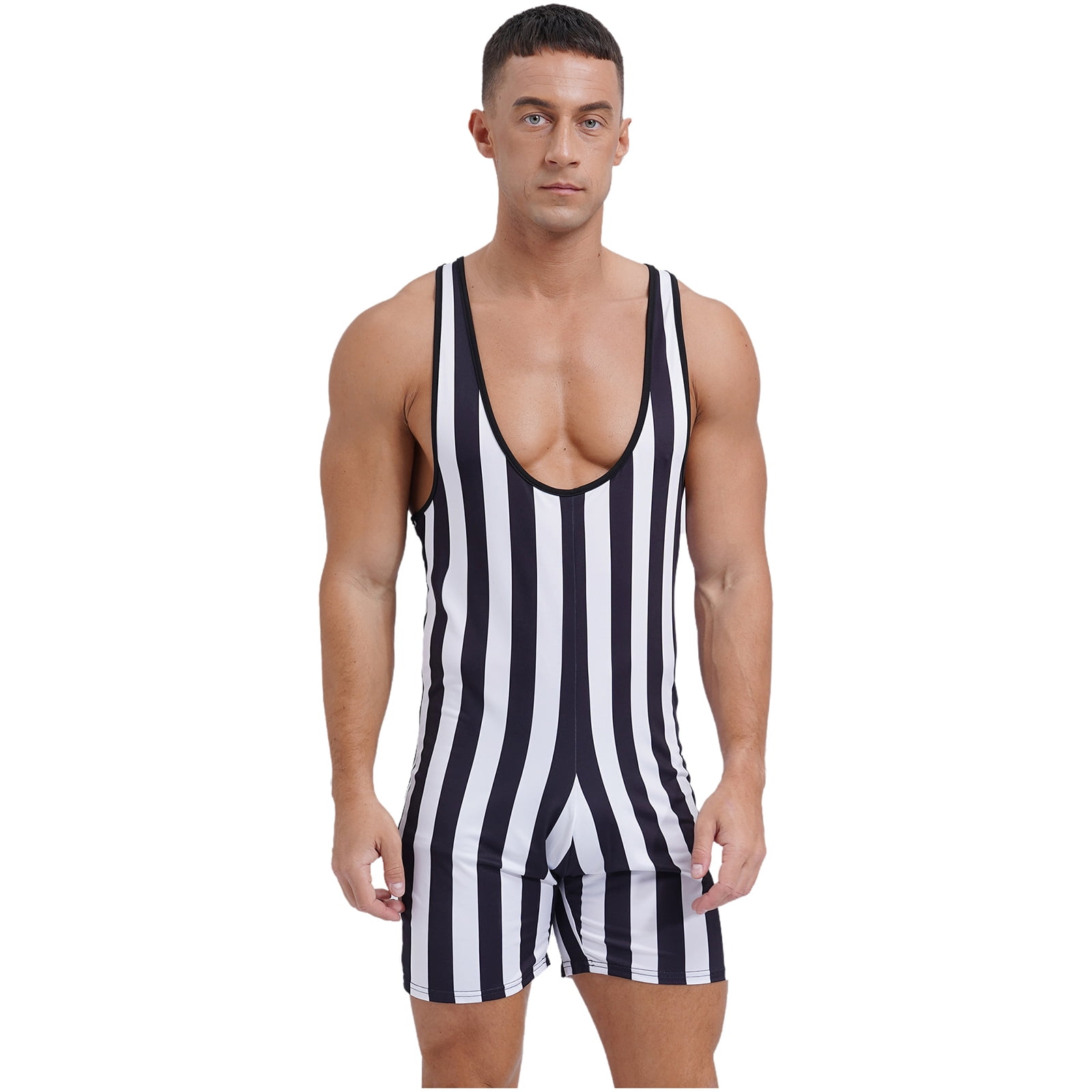 Alvivi Men's One Piece Striped Jumpsuit Swimsuit Stretchy Wrestling ...
