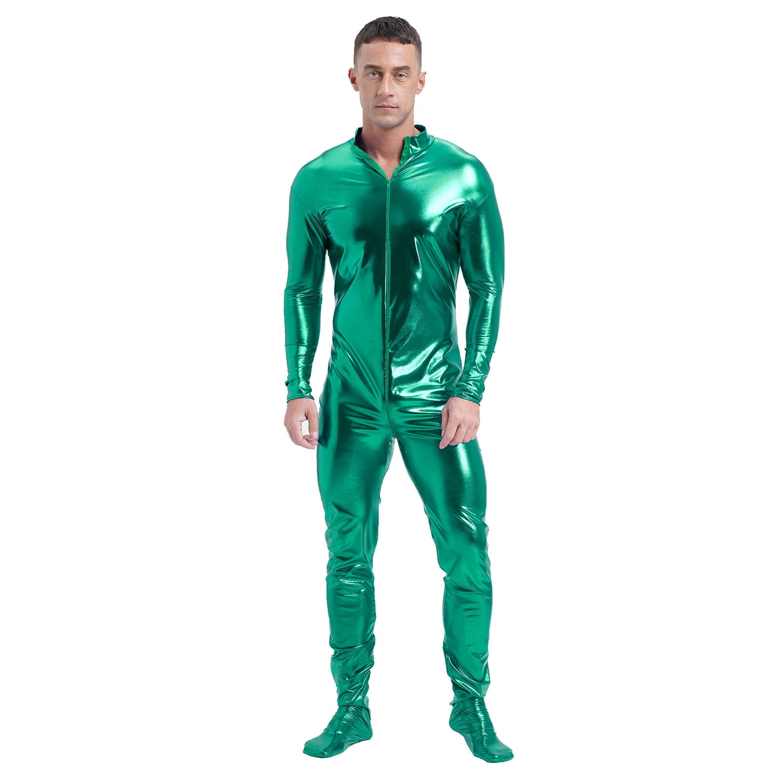 Alvivi Men's Shiny Metallic Full Body Unitard Bodysuit One Piece Zipper ...