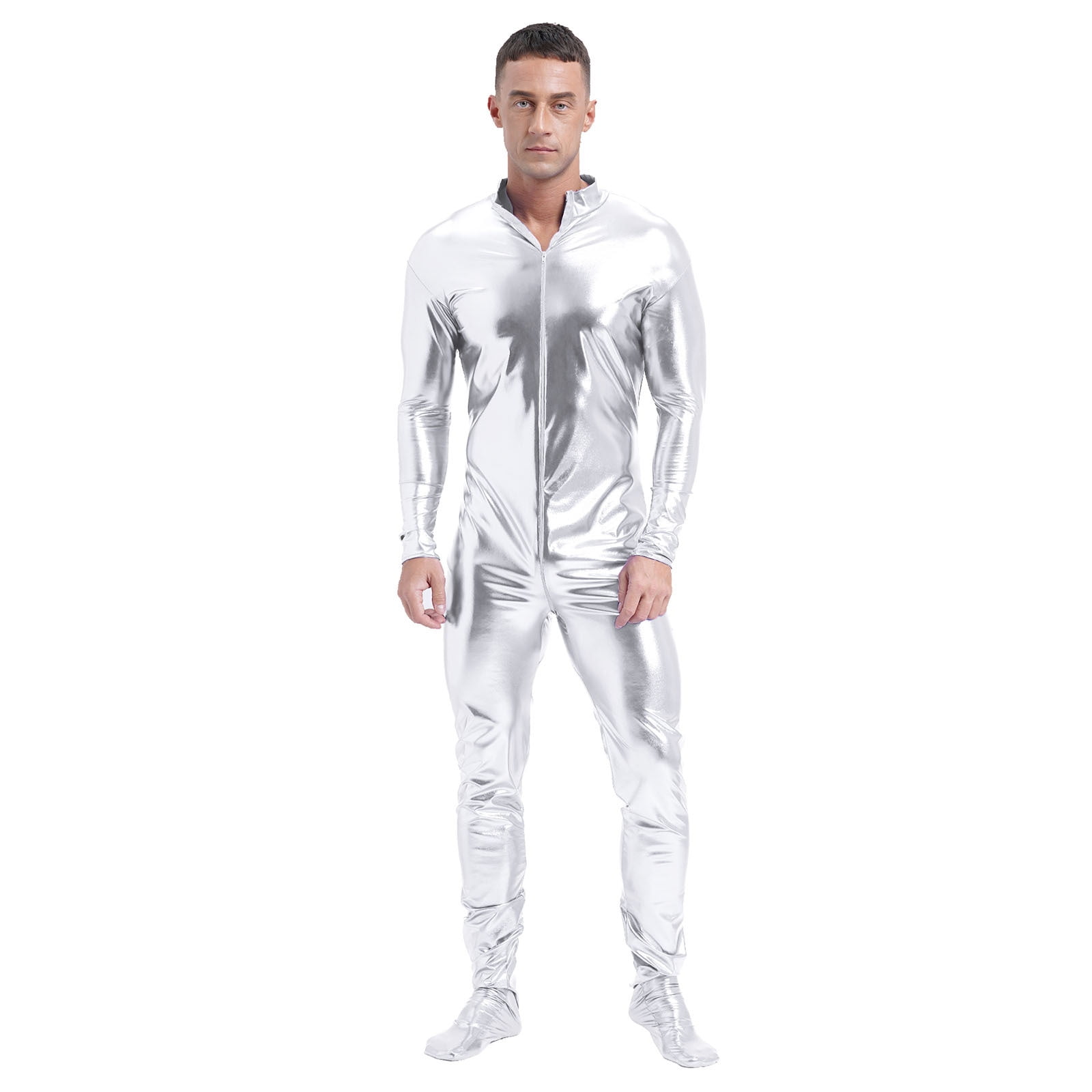 Alvivi Men's Shiny Metallic Full Body Unitard Bodysuit One Piece Zipper ...