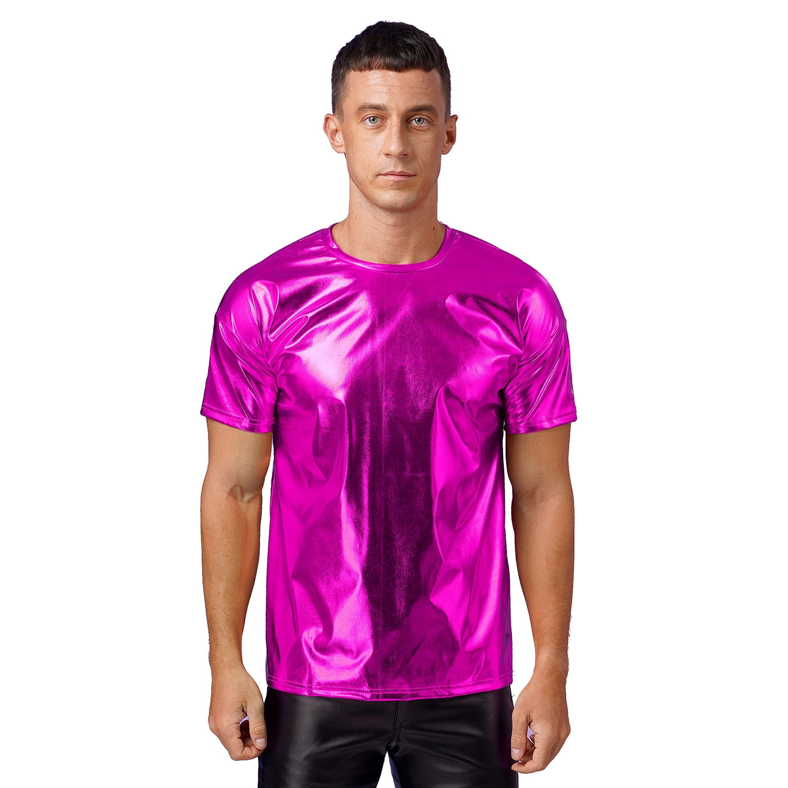 Alvivi Men's Shiny Metallic Short Sleeve Tops 70s Disco Dance Shirts ...