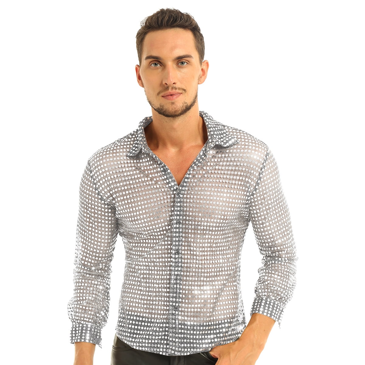 Alvivi Men's Shiny Sequins Performance Disco Dance T-shirt Long Sleeve ...