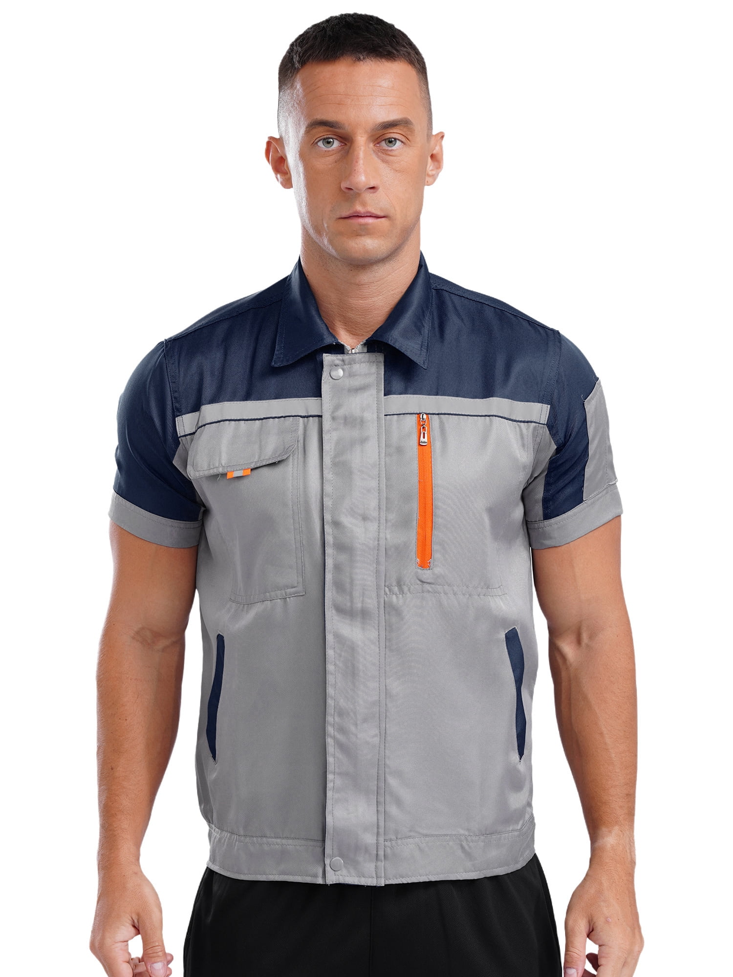Alvivi Men's Short Sleeve Mechanic Work Shirt Front Zip Industrial ...