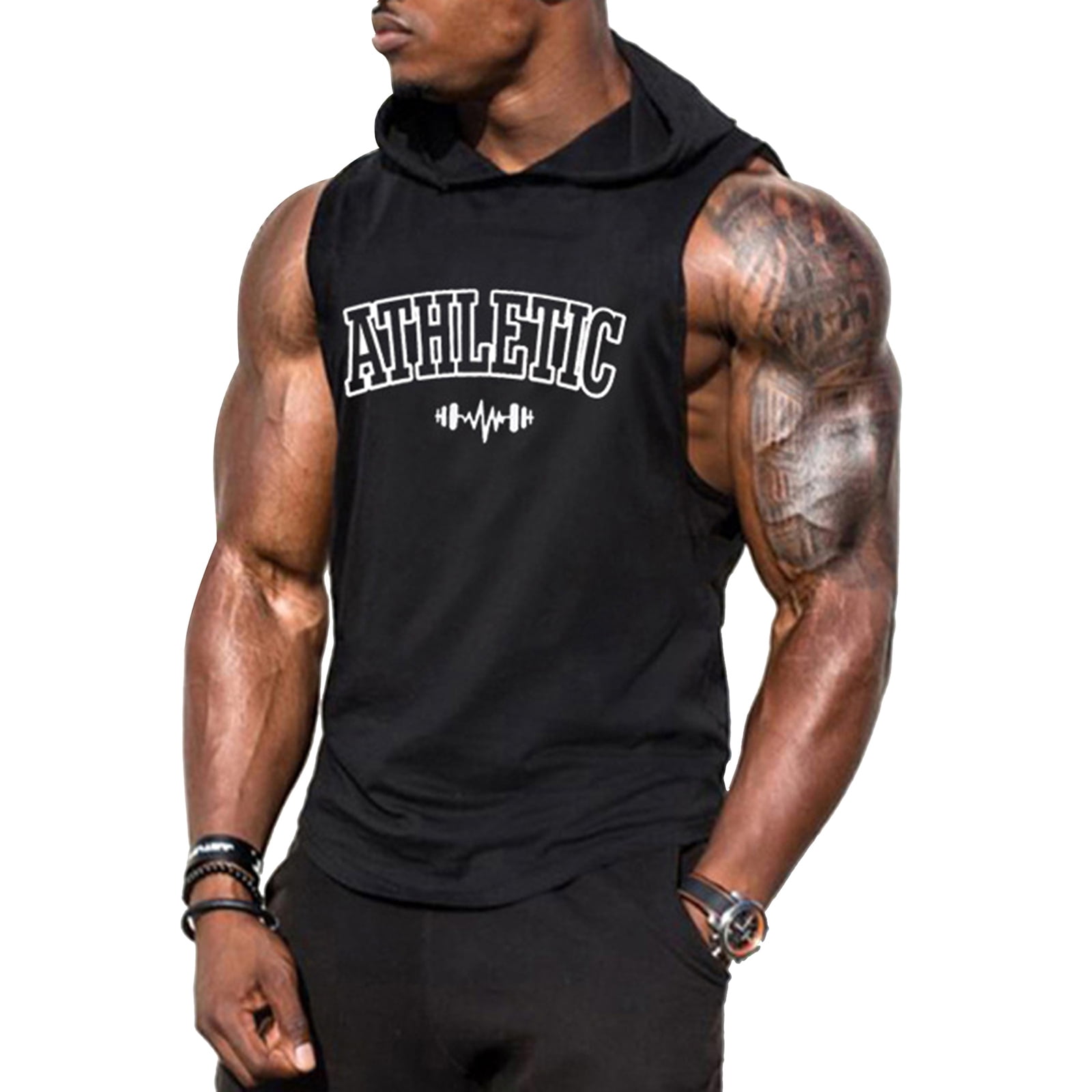 Alvivi Men's Sleeveless Workout Shirt Letter Print Hooded Muscle Tank ...