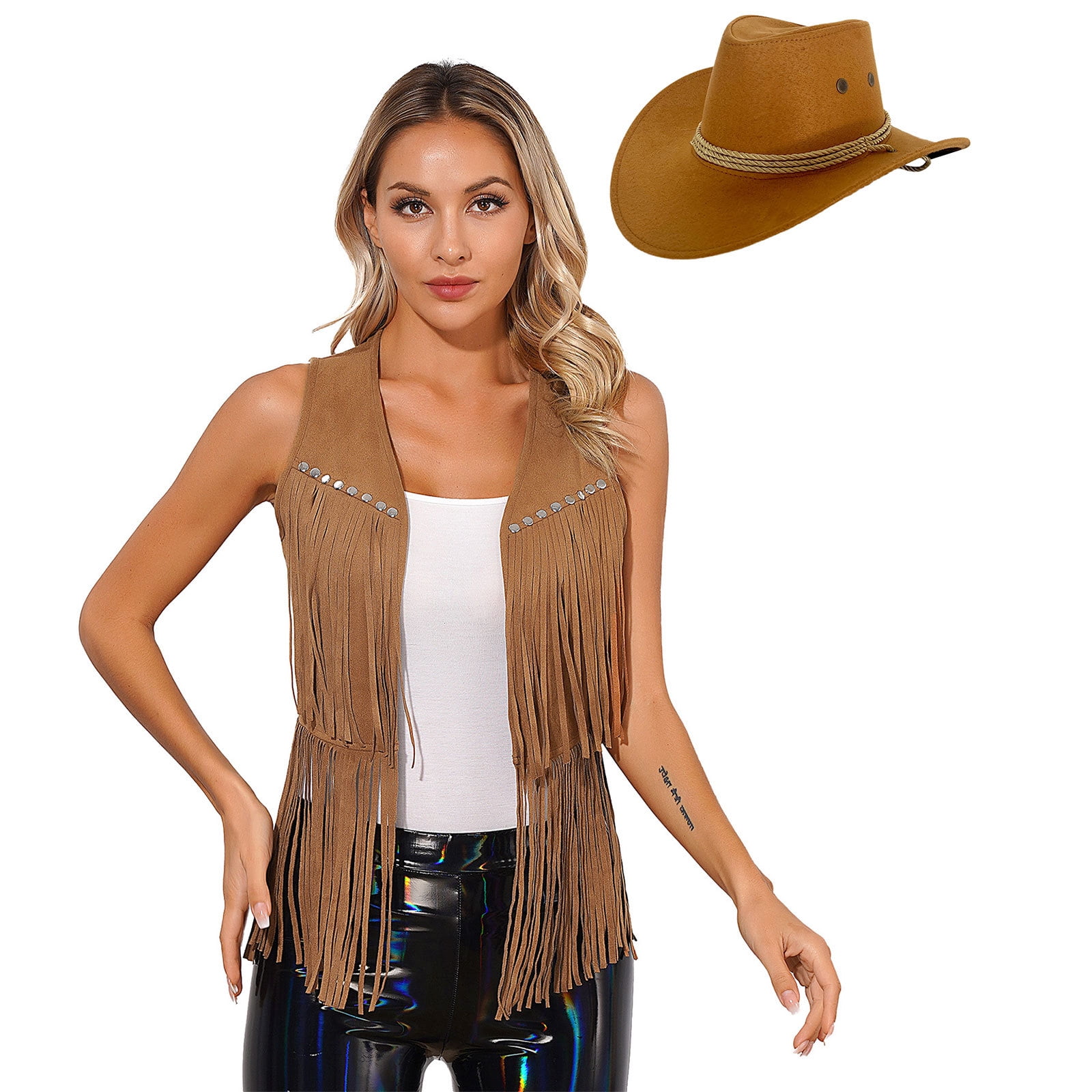 Alvivi Women Fringe Waistcoat Vest with Cowboy Hat Western Cowgirl Outfits 70s Hippie Costume ...