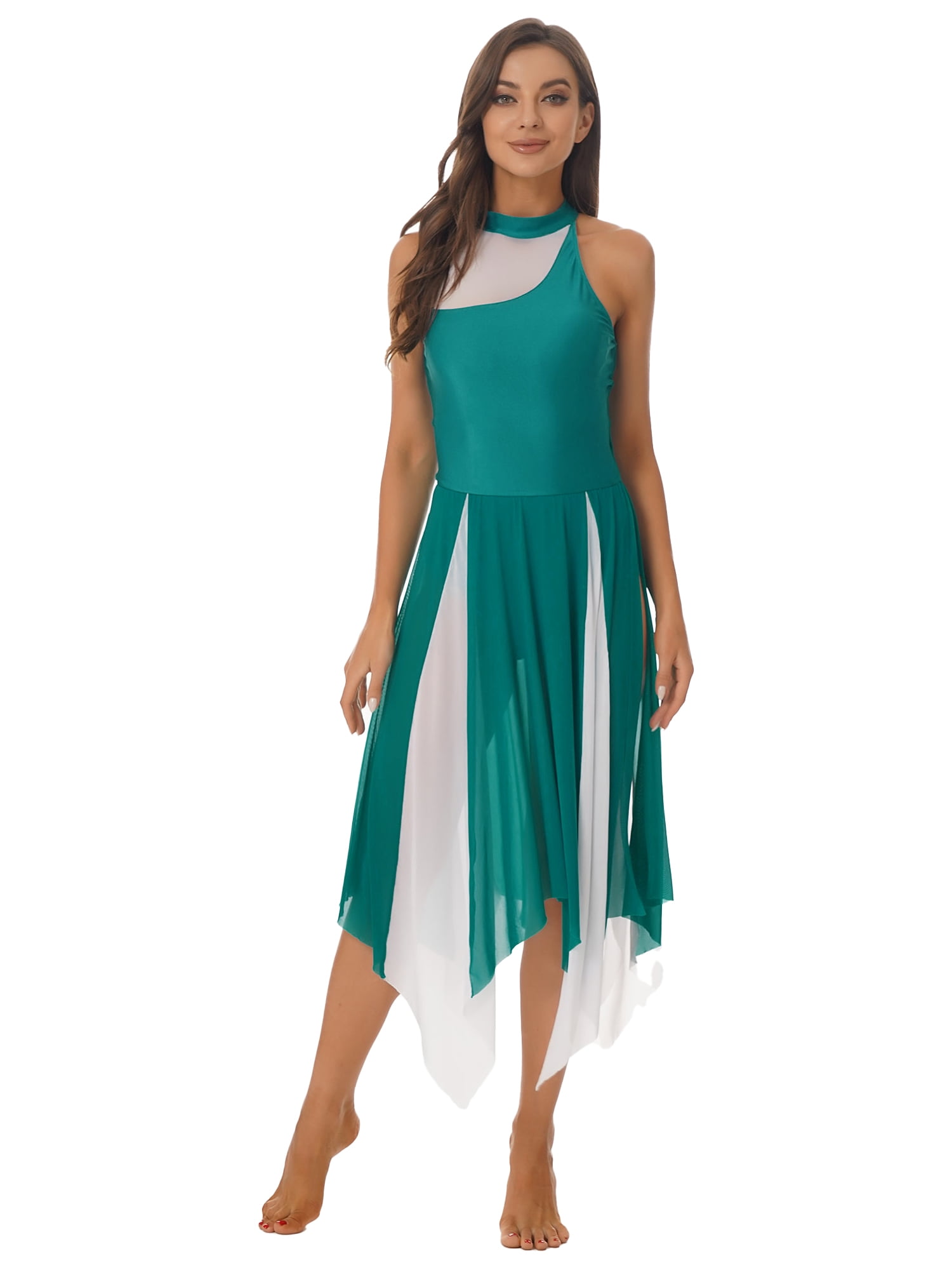 Alvivi Women Halter Mesh Color Block Leotard Dress Lyrical Modern ...
