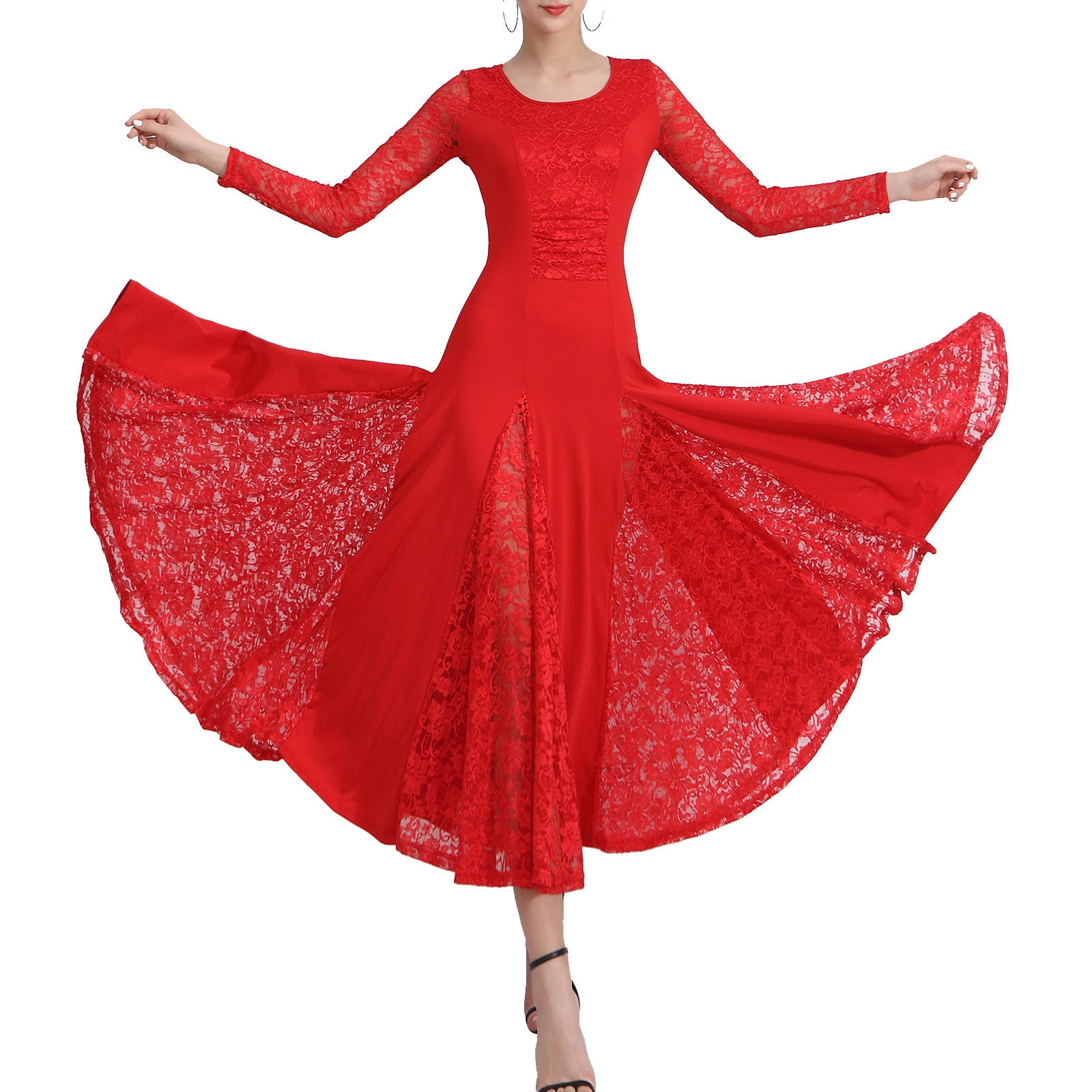 Alvivi Women Long Sleeve Lace Splice Ballroom Waltz Cha-Cha Dance Maxi ...