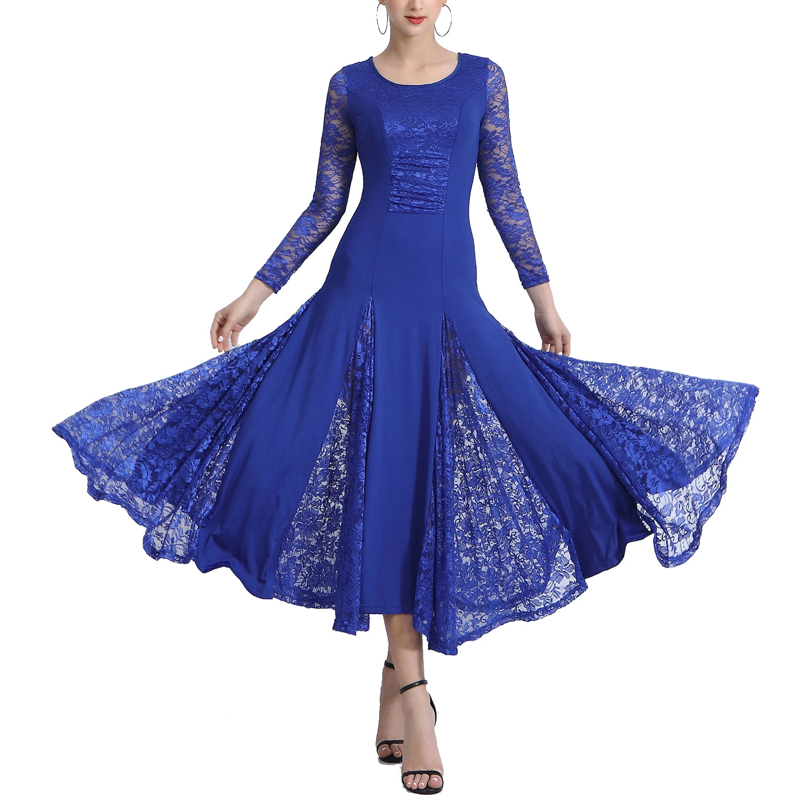 Alvivi Women Long Sleeve Lace Splice Ballroom Waltz Cha-Cha Dance Maxi ...