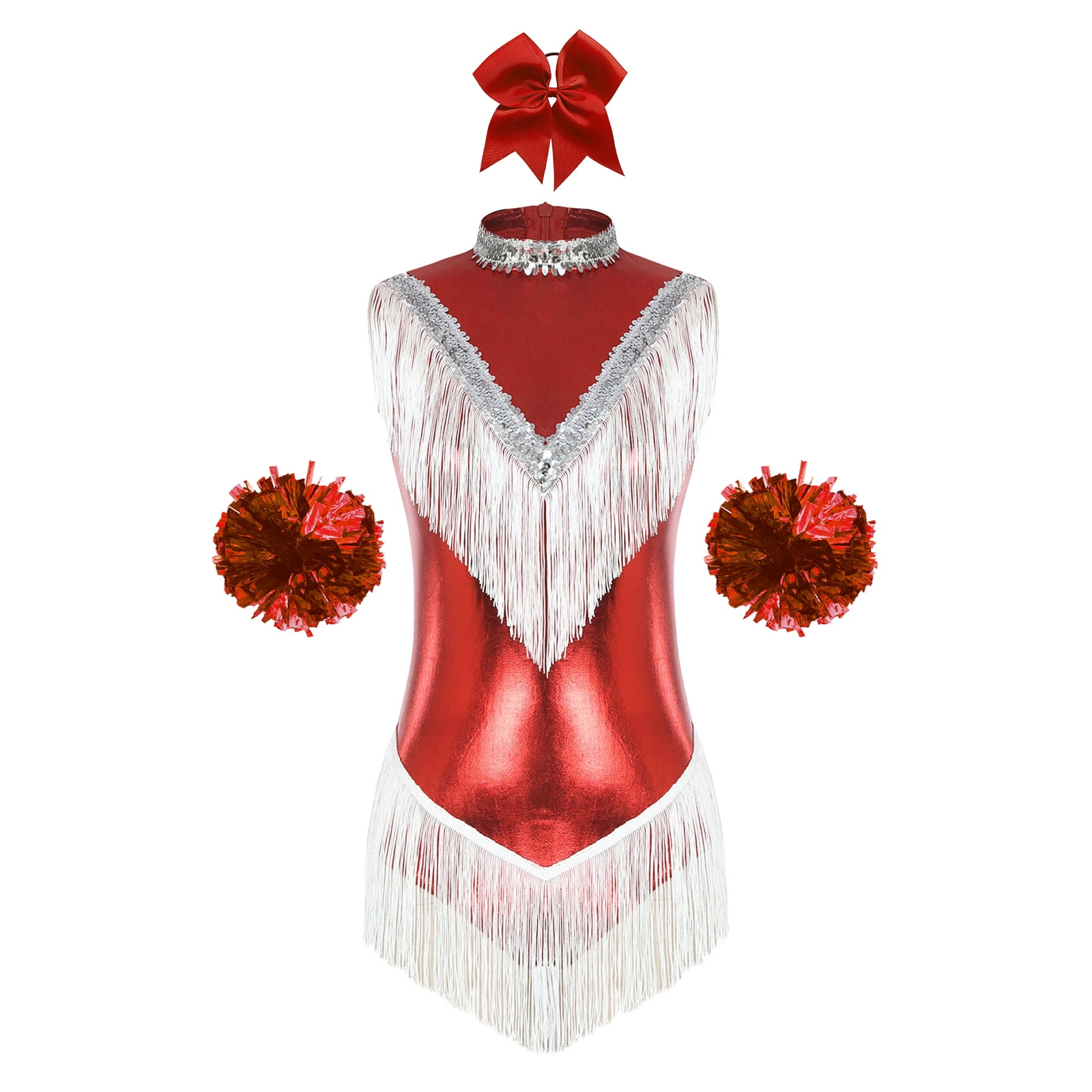 Alvivi Women Metallic Sleeveless Tassel Bodysuit Cheerleading Uniform ...