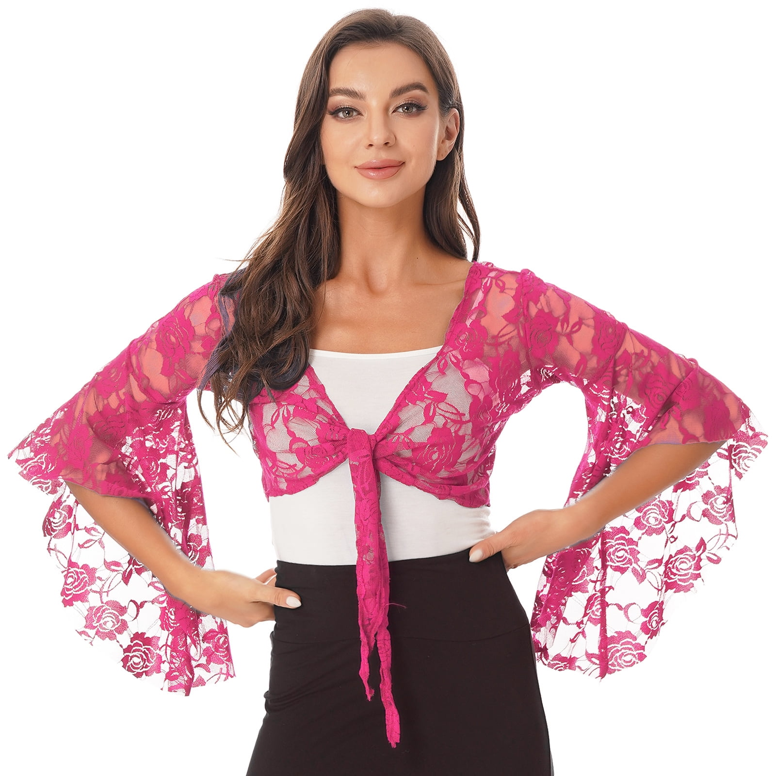 Alvivi Women Lace Sheer Open Front Shrugs Cardigan Tops Bell Sleeve ...