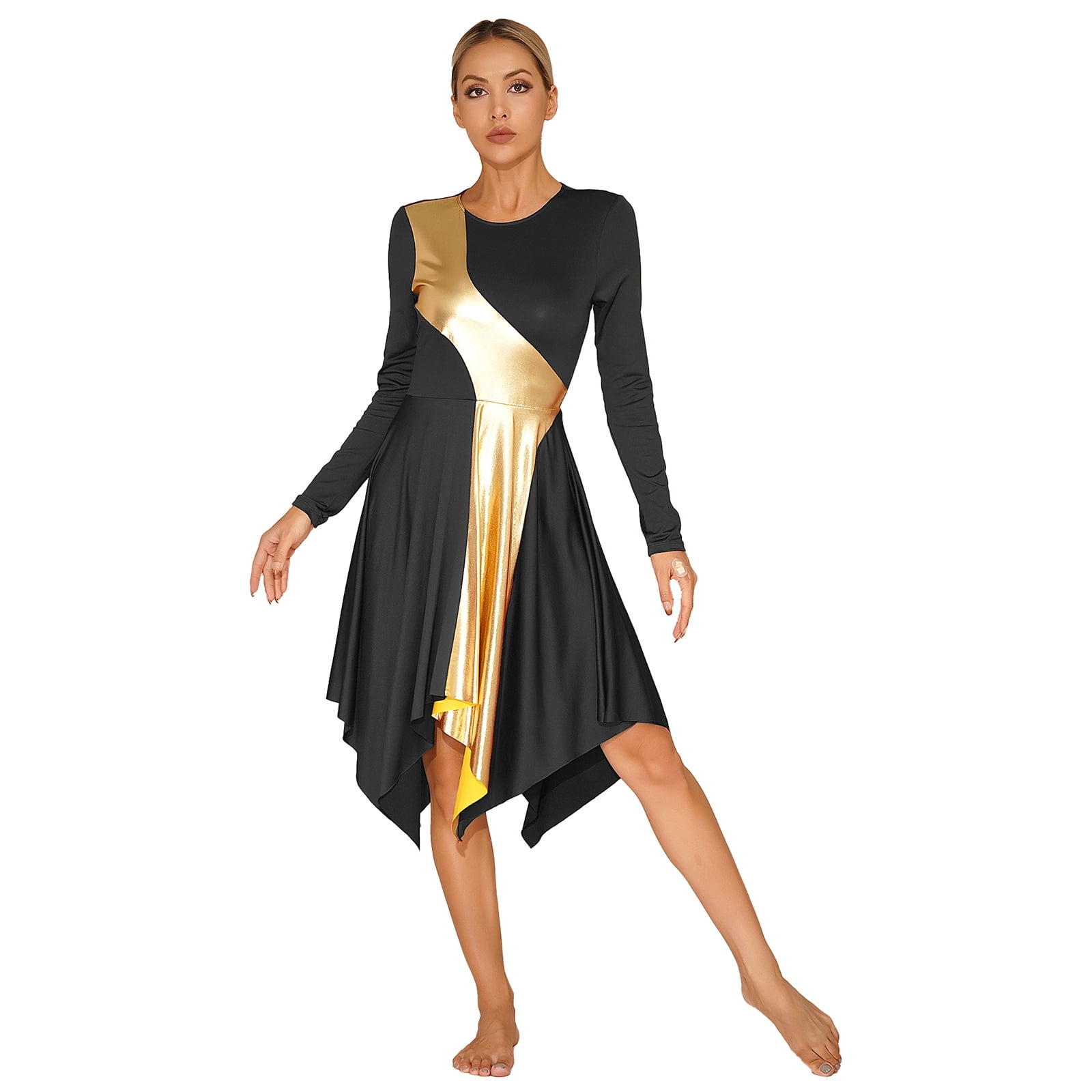 Alvivi Women's Long Sleeve Asymmetrical Praise Dance Dress Metallic ...