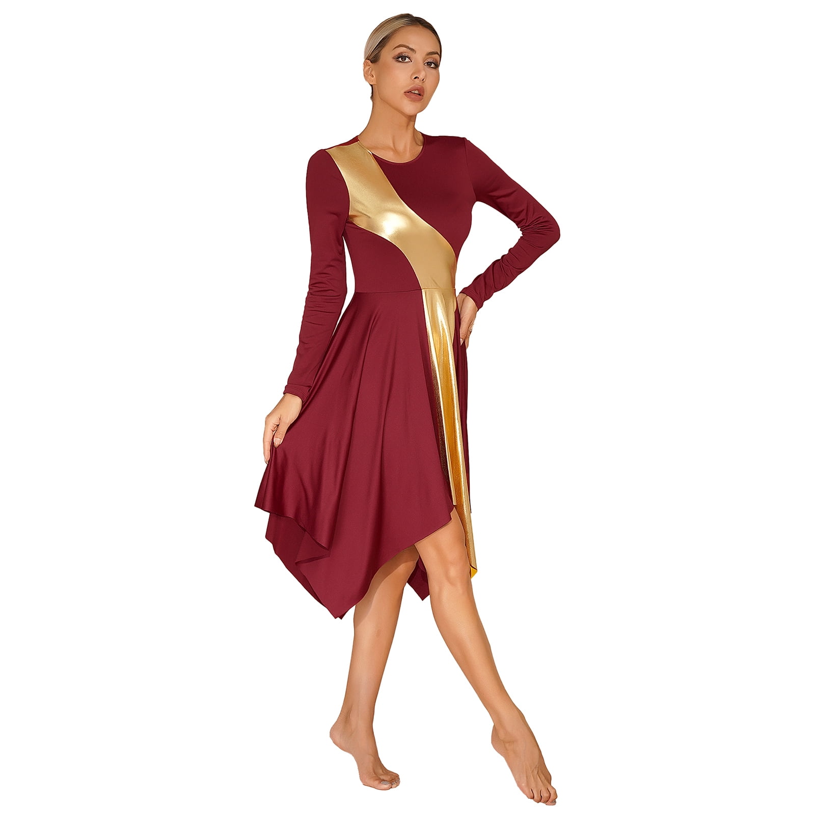 Alvivi Women's Long Sleeve Asymmetrical Praise Dance Dress Metallic ...
