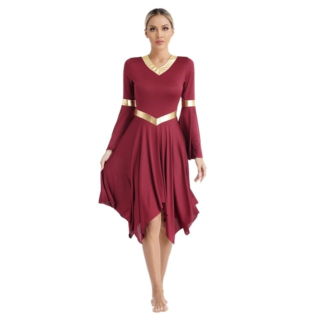 Alvivi Women's Praise Worship Dance Dress Lyrical Dance Costume Liturgical Dancewear Burgundy L ...