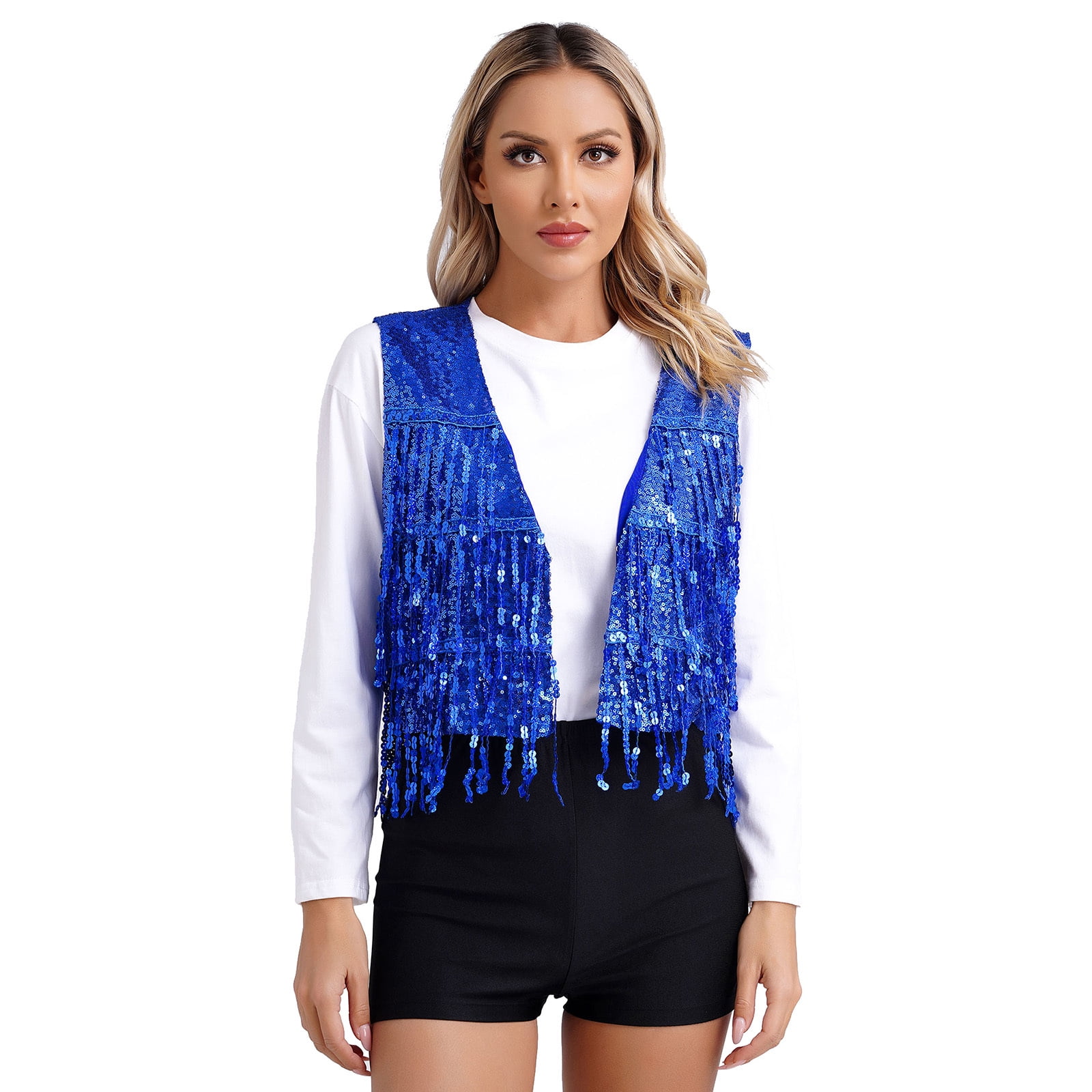 Alvivi Women's Sequins Fringe Vest V Neck Sleeveless Open Front ...