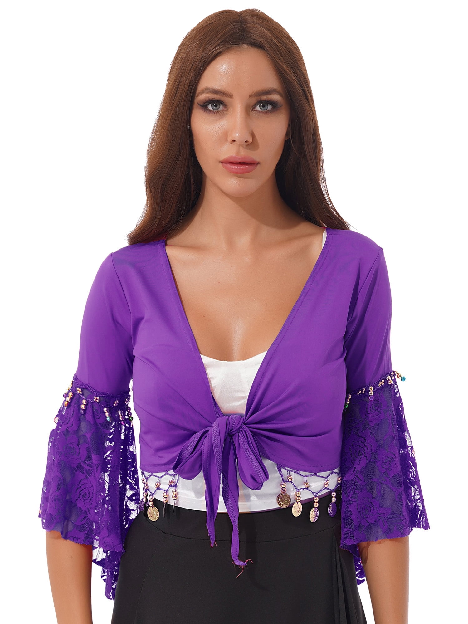 Alvivi Womens Lace Flared Sleeves Knot Front Shawl Glitter Bead Tassel ...