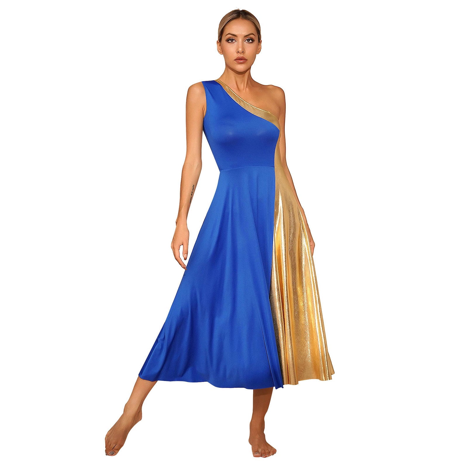 Alvivi Womens Metallic Gold Color Block One Shoulder Sleeveless