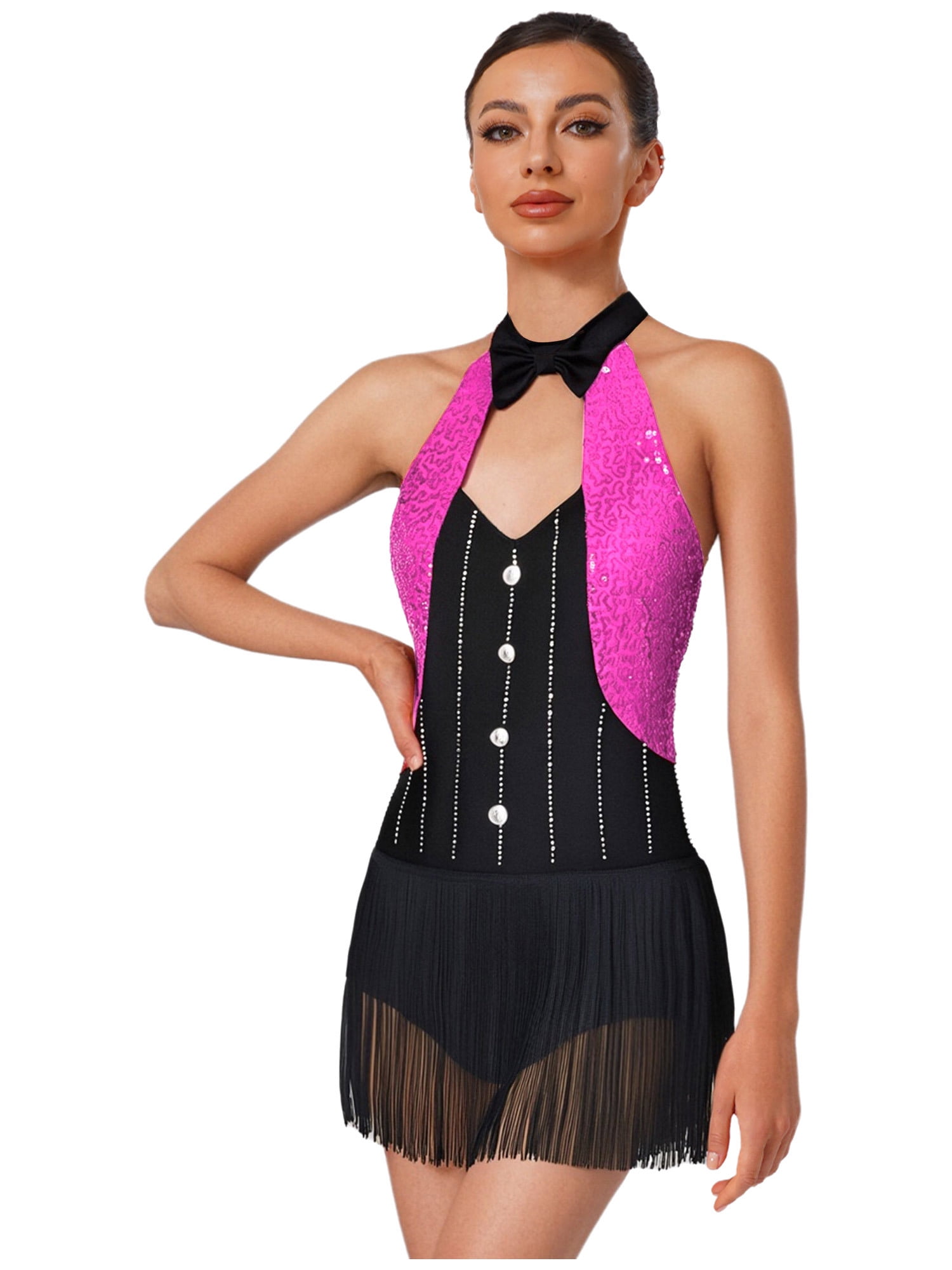 Alvivi Womens Rhinestone Figure Skating Dress Halter Neck Mesh ...
