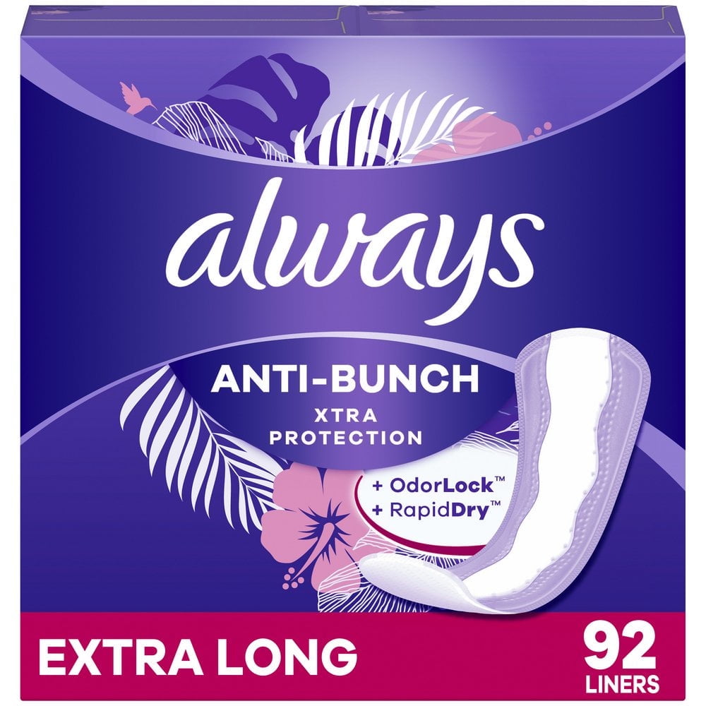 Always Pantiliners Extra Long, Anti-Bunch, Unscented, 92 ct, Daily ...