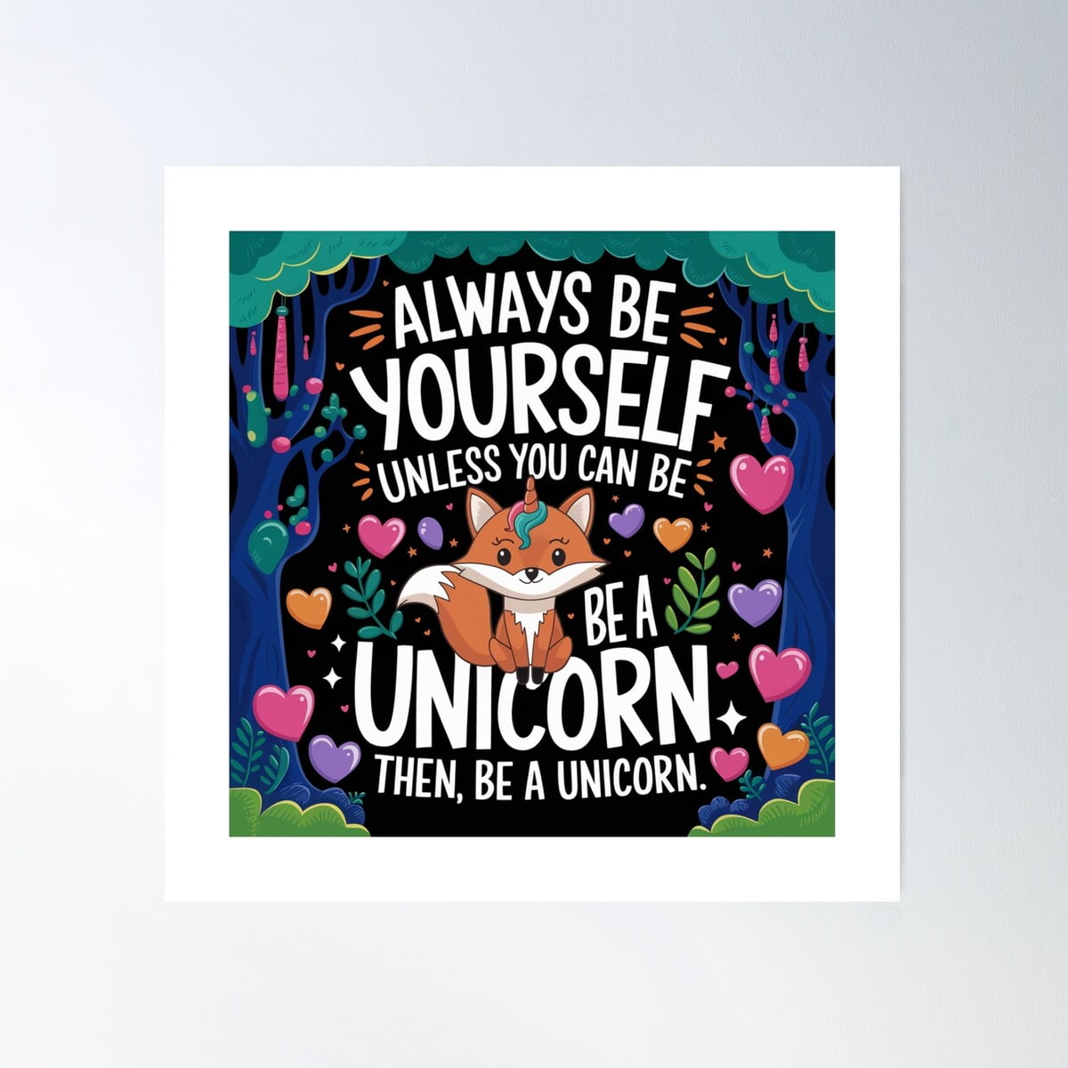 Always Be Yourself Fox Unicorn Design - Whimsical Inspirational Art Poster Wall Art, Modern Wall ...