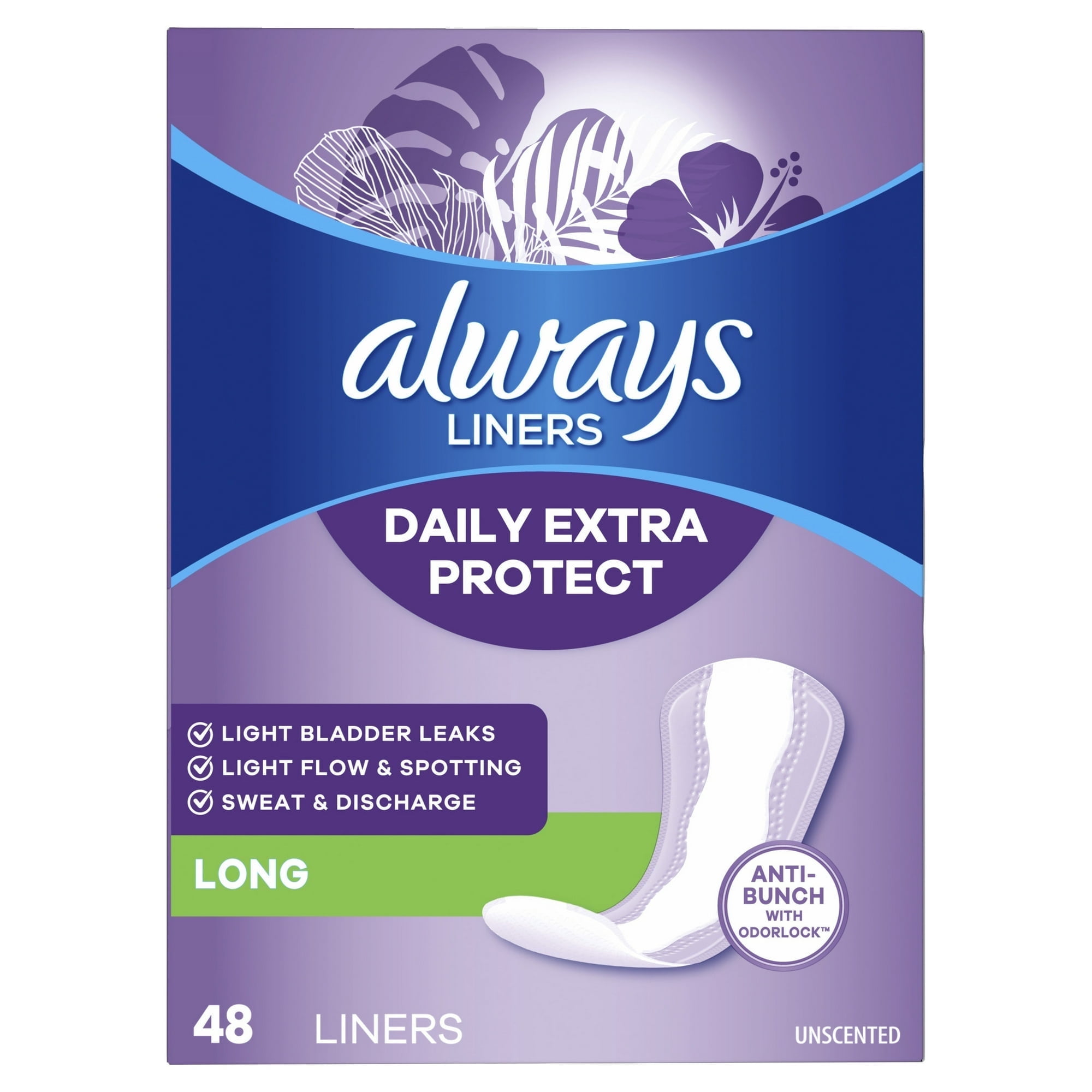 Always Daily Extra Protect Panty Liners, Long Length, Unscented, (4 ...