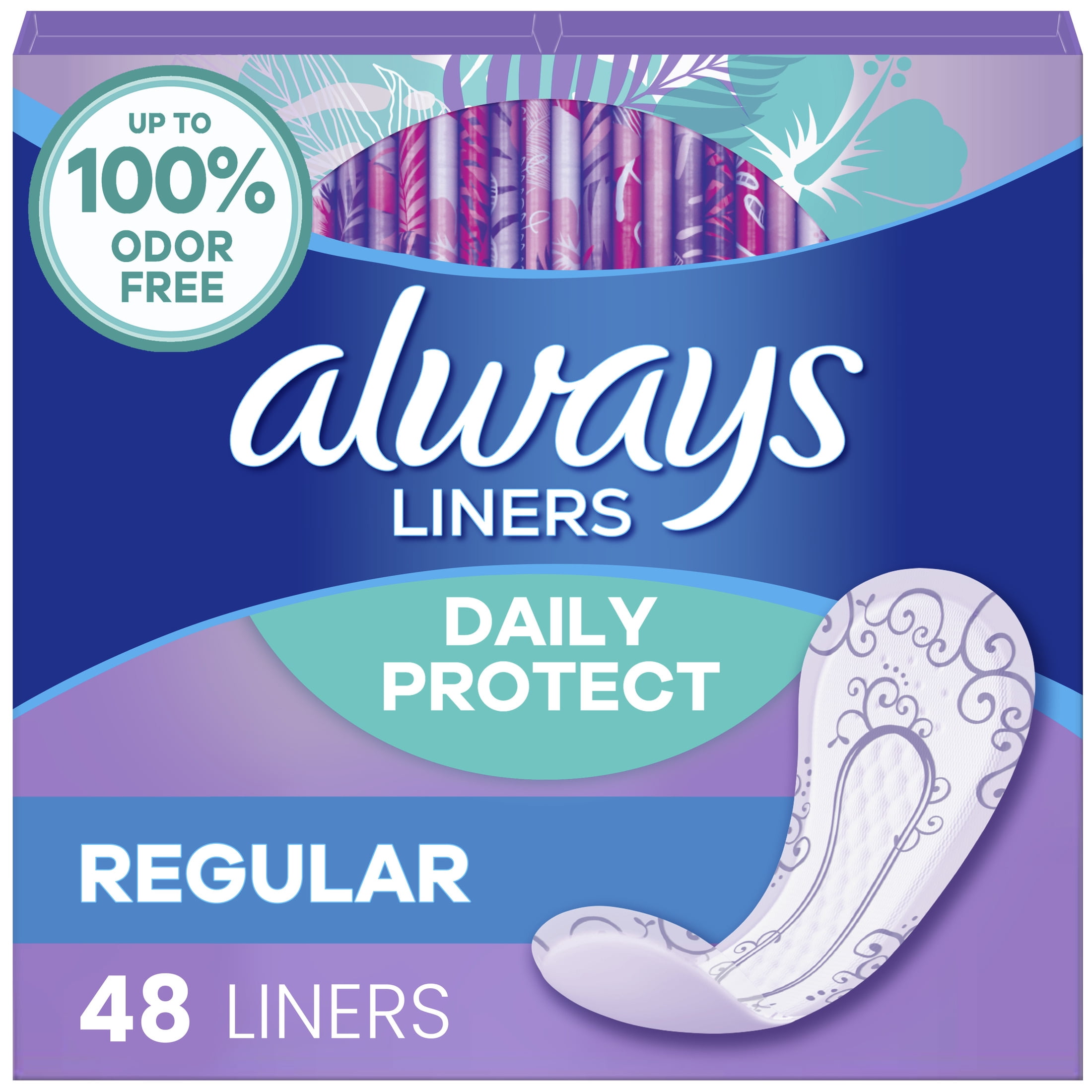 Always Daily Protect Panty Liners, Regular Length, Unscented, 48 Count ...