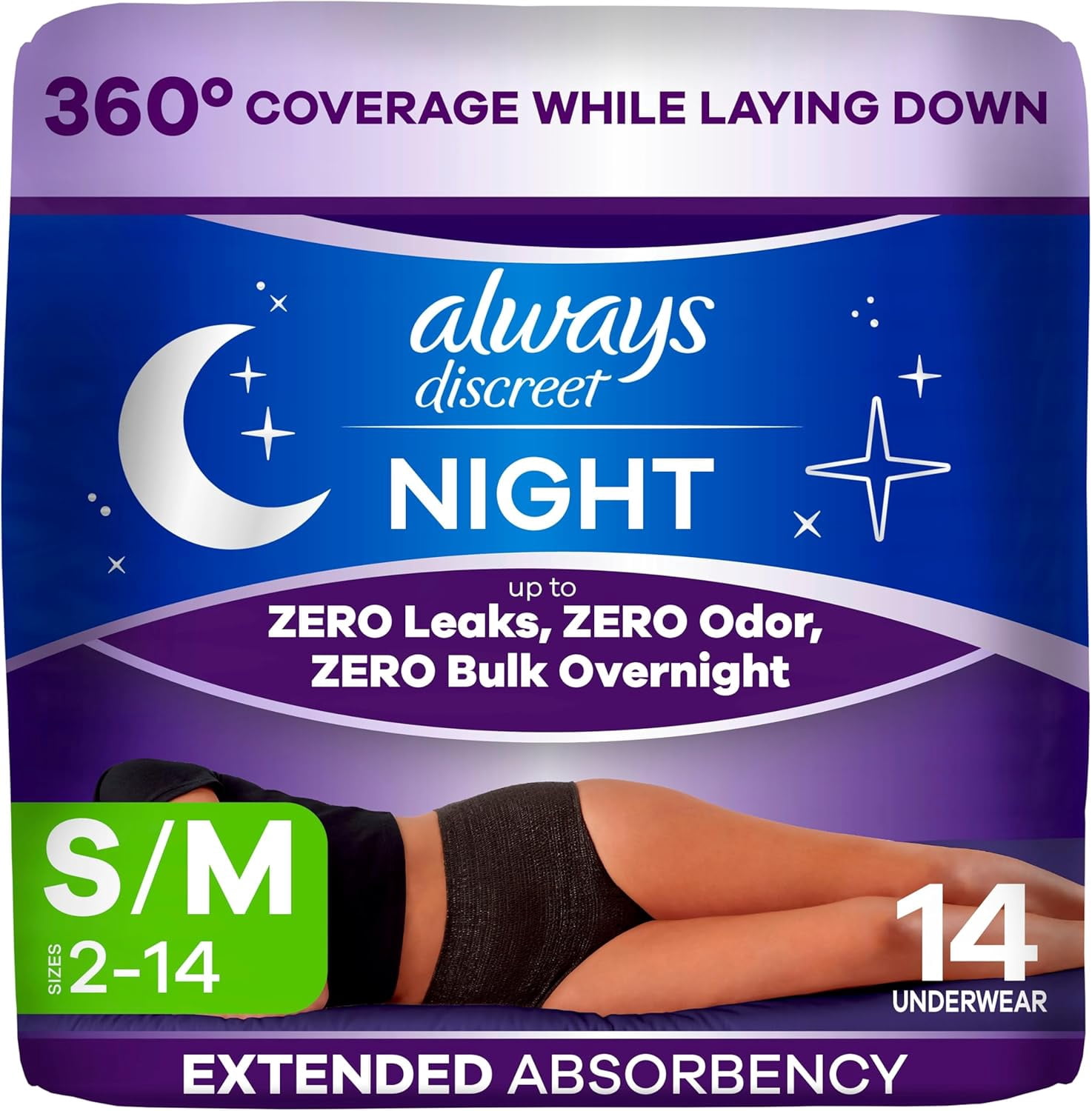 Always Discreet Night, Reimagined Adult Diapers for Women Size S/M, 14 ...