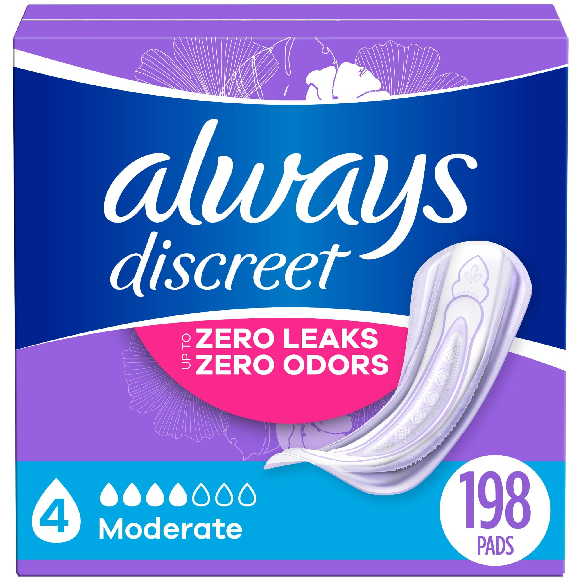 Always Discreet Adult Incontinence Pads for Women, Moderate Absorbency, Regular Length ...