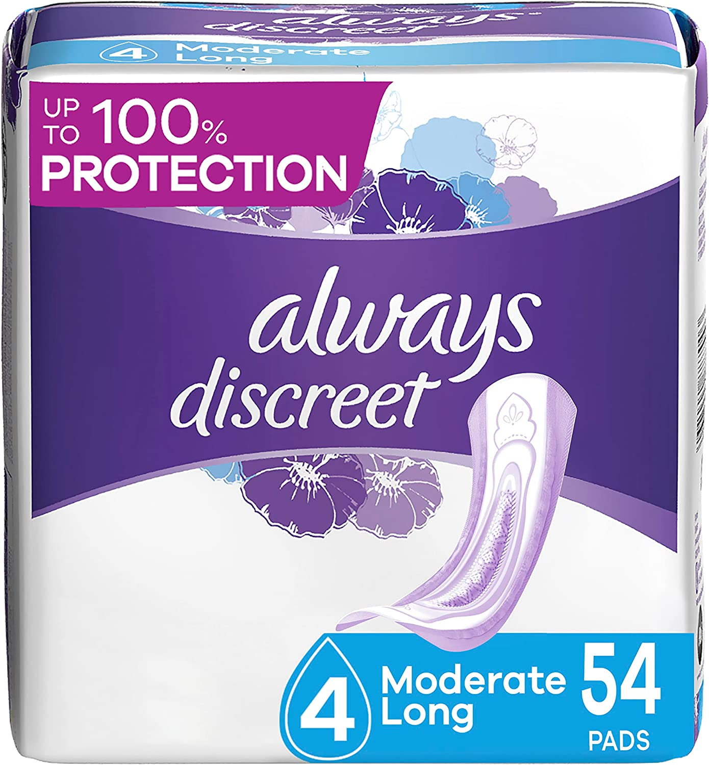 Always Discreet Moderate Long Incontinence Pads, 100% Leak-Free, 54 ...
