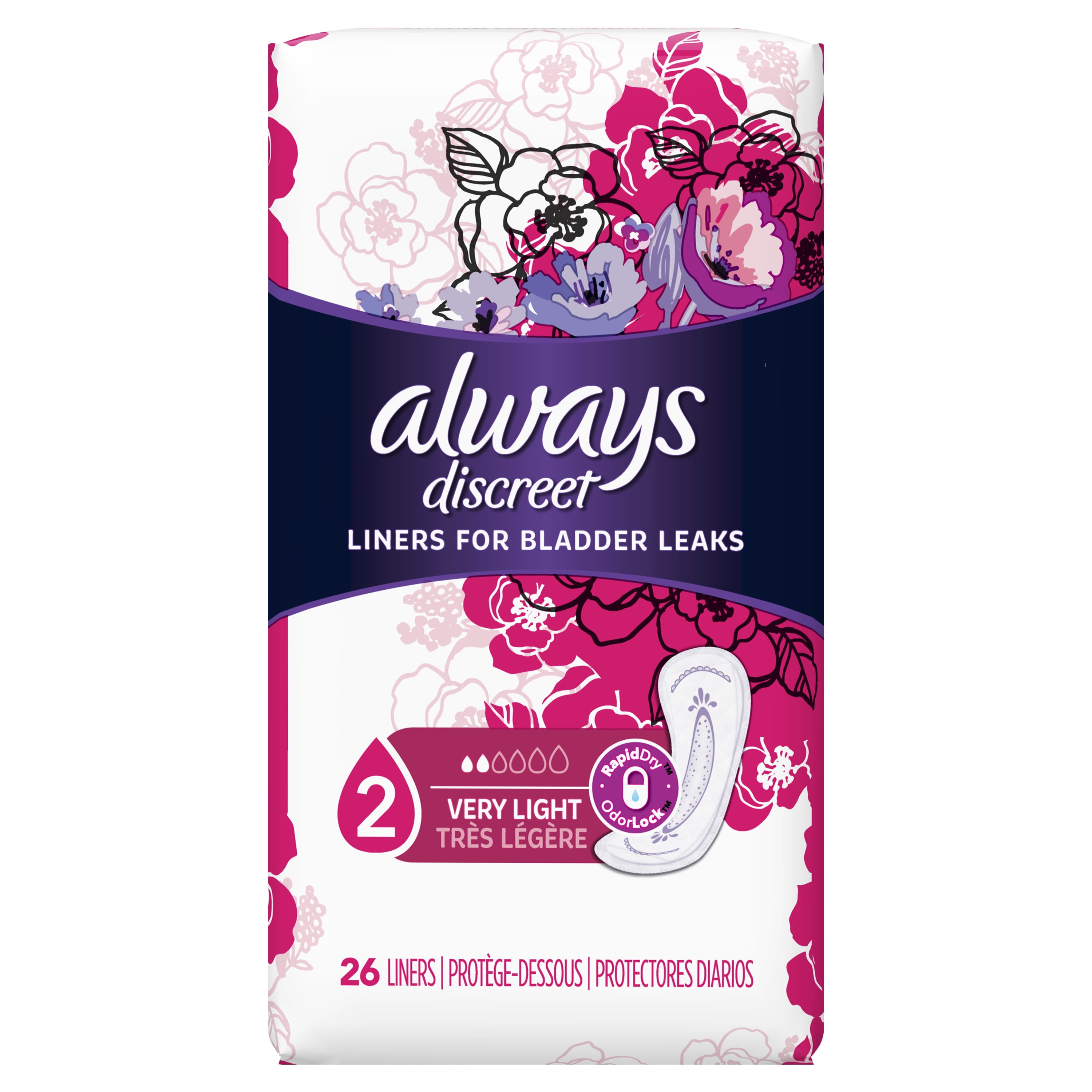 Always Discreet Incontinence Liners, Very Light Absorbency, 26 Count ...