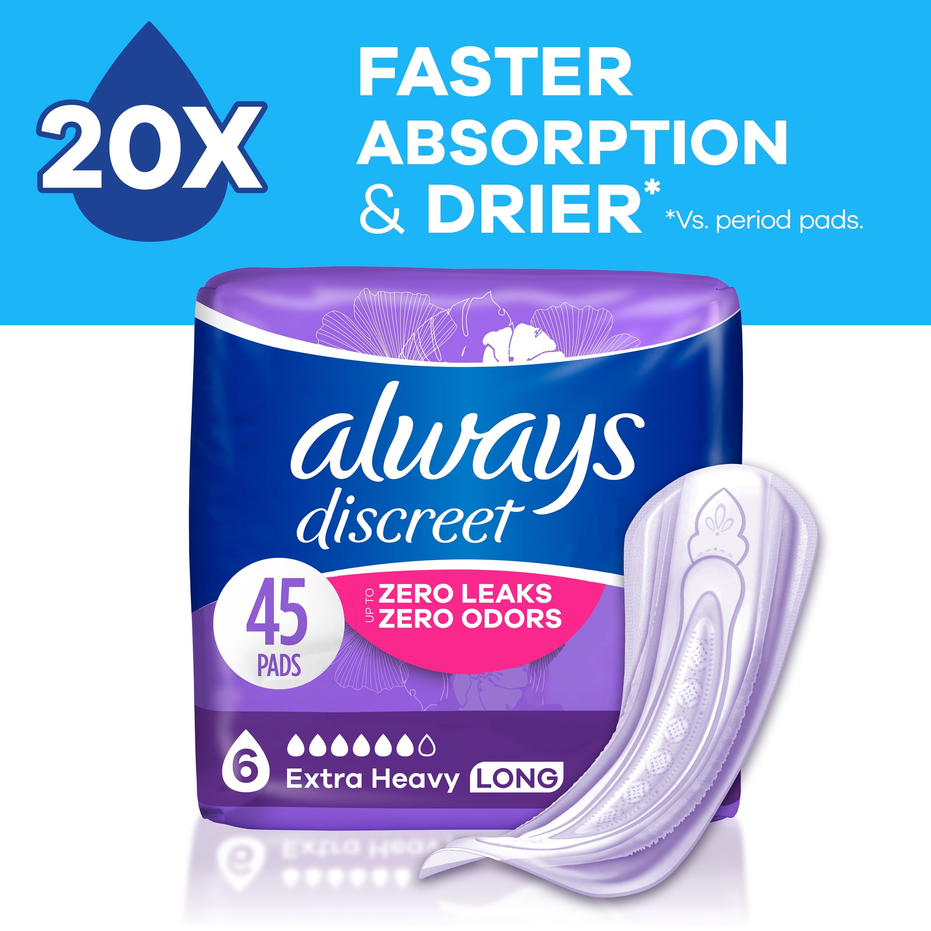Always Discreet Incontinence Pads, Extra Heavy Absorbency, Long Length ...