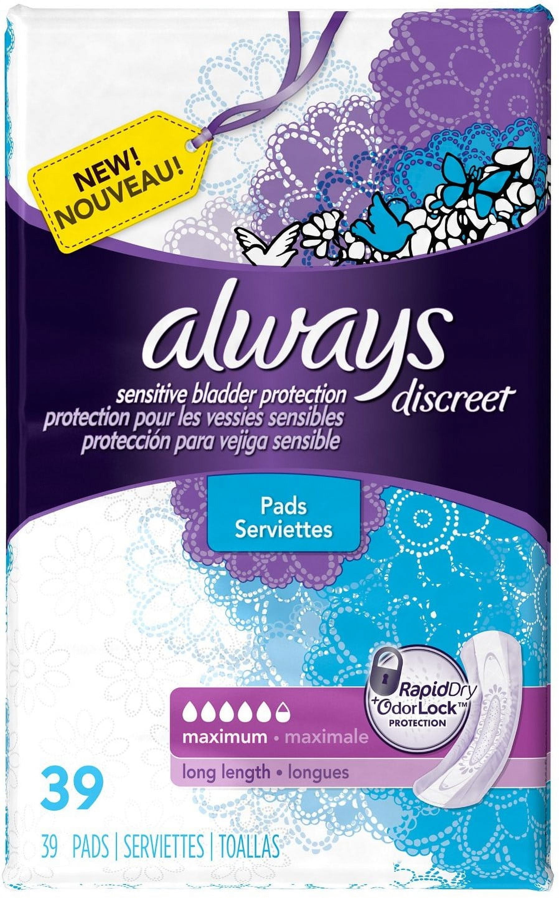 Always Discreet Incontinence Pads, 39 Ct, Maximum Absorbency, Long ...