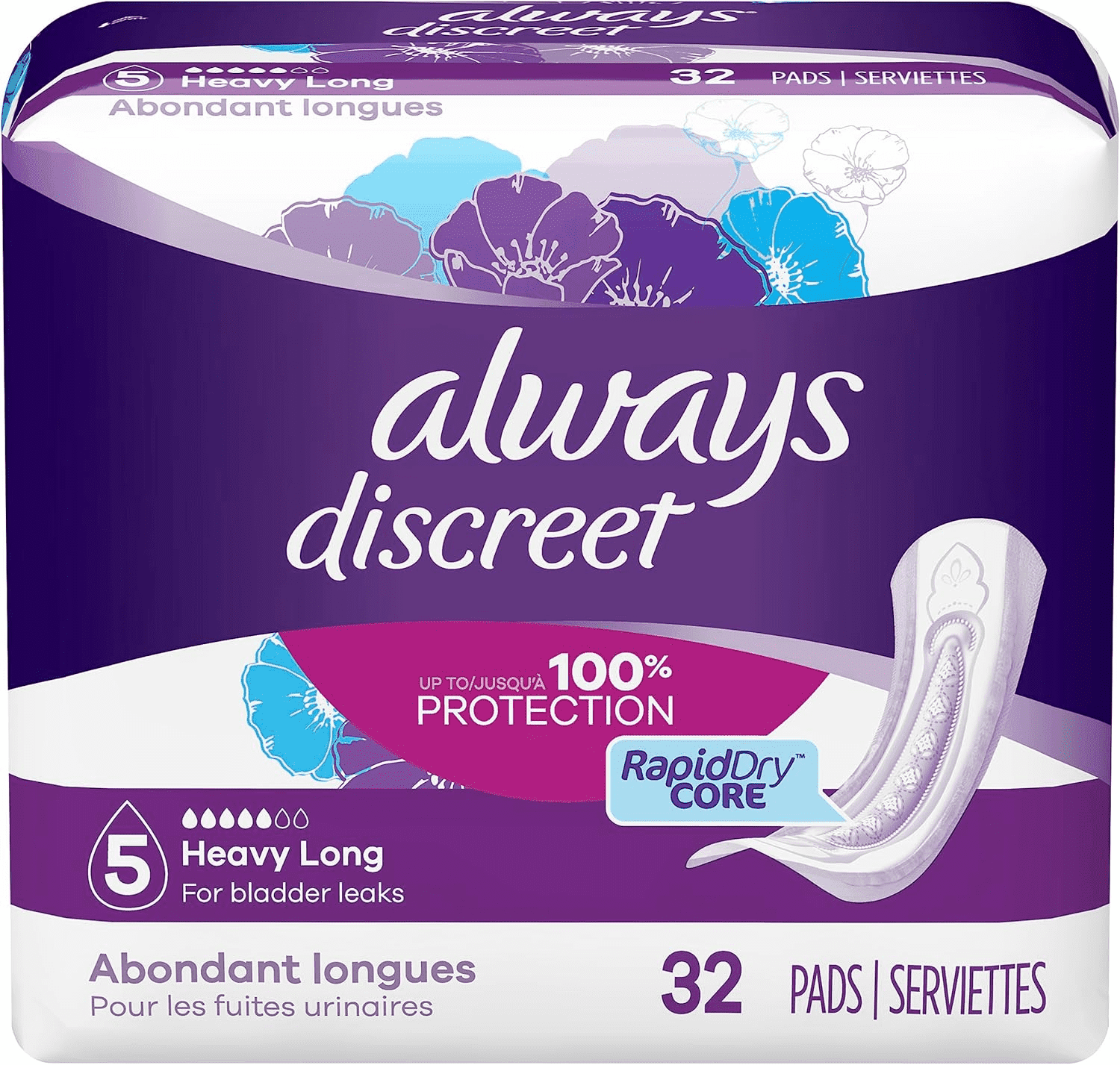 Always Discreet Incontinence Pads for Women, Heavy Absorbency, Size 5 ...