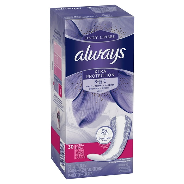 Always Discreet Xtra Protection 3-in-1 Extra Long Daily Liners, 30 Ct ...