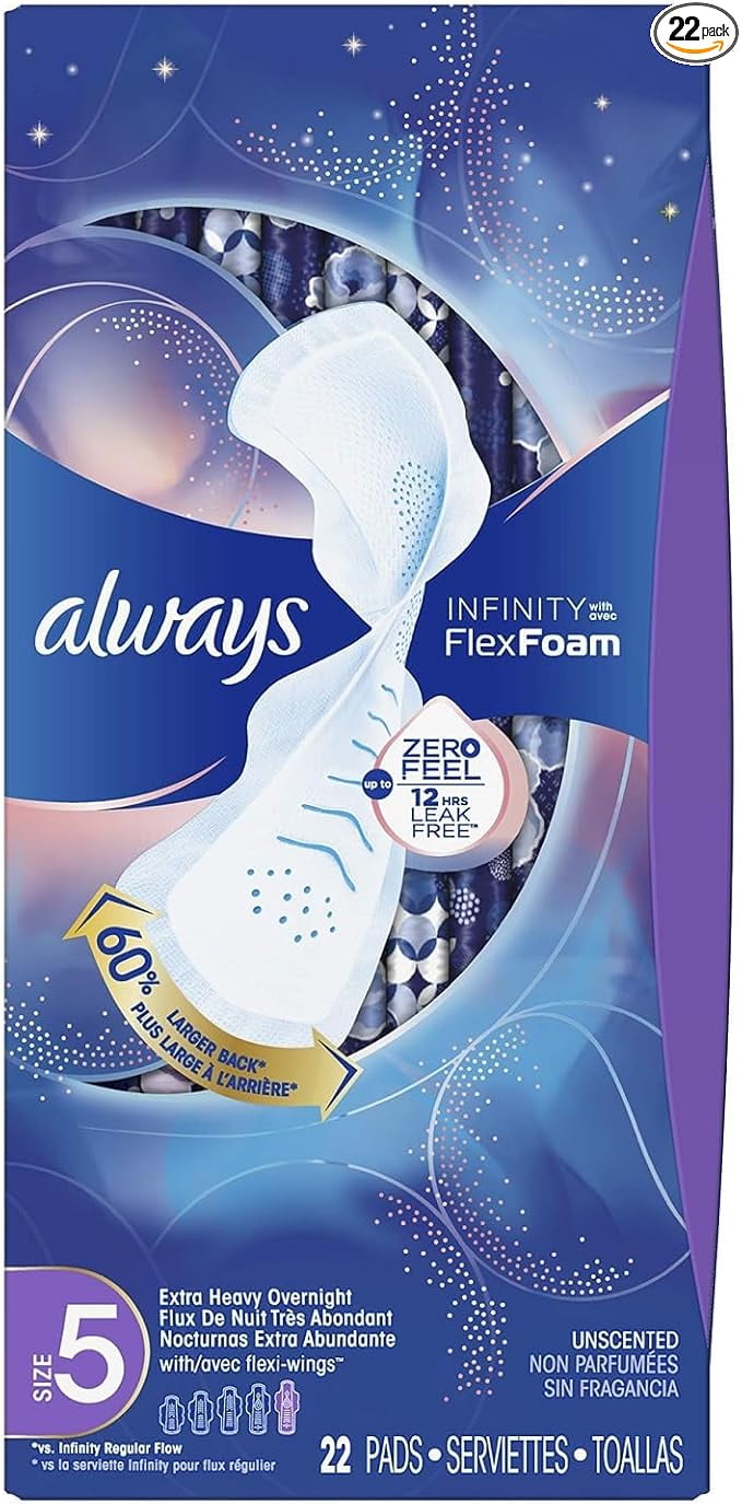 Always Infinity FlexFoam Pads for Women, Size 5, Extra Heavy Overnight Absorbency, Unscented, 22 ...
