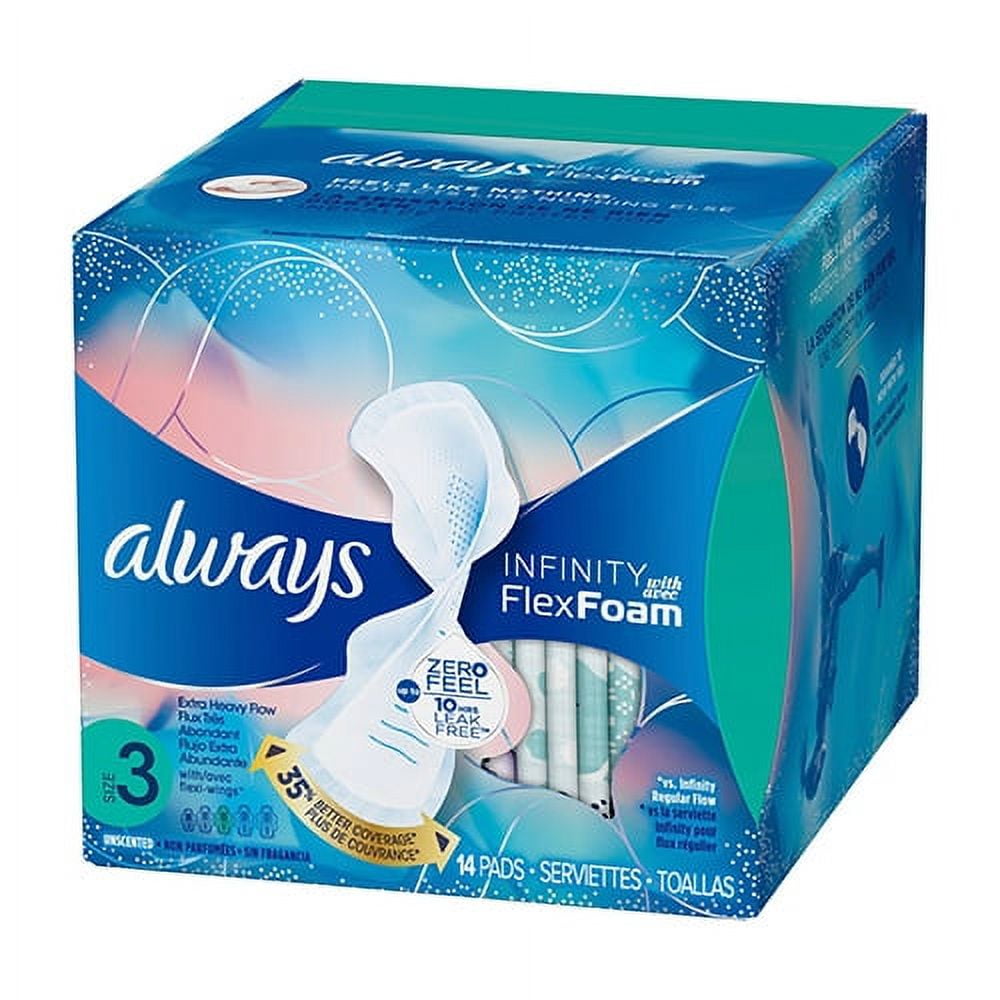 Always Infinity Size 3 Extra Heavy Flow Pads with Wing, Unscented, 14 ...