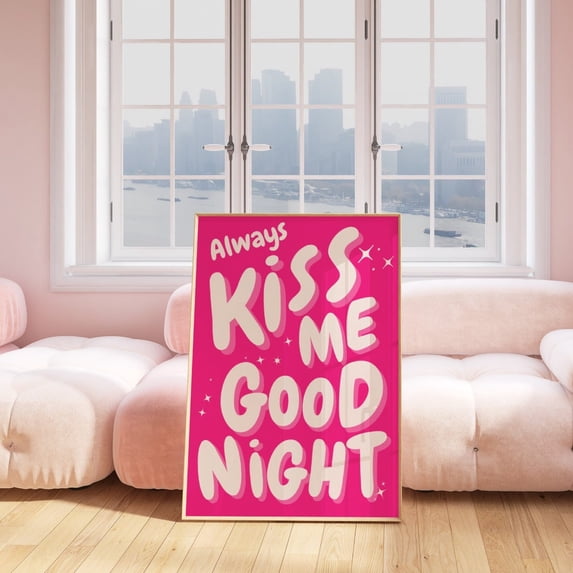 Always Kiss Me Goodnight Pink Retro Wall Art, Unframed Paper Print Size ...