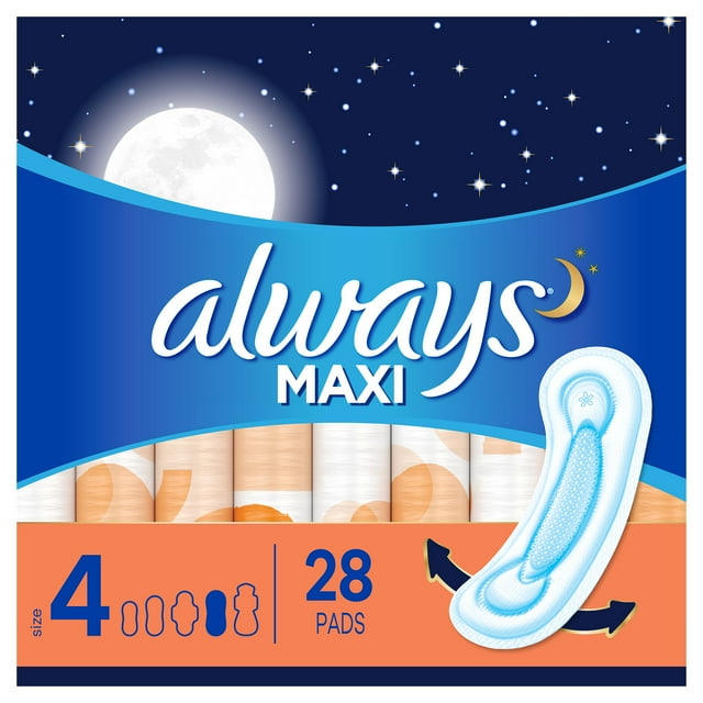 Always Maxi Overnight Pads, Size 4, Unscented, Long Absorbency, 28 ...