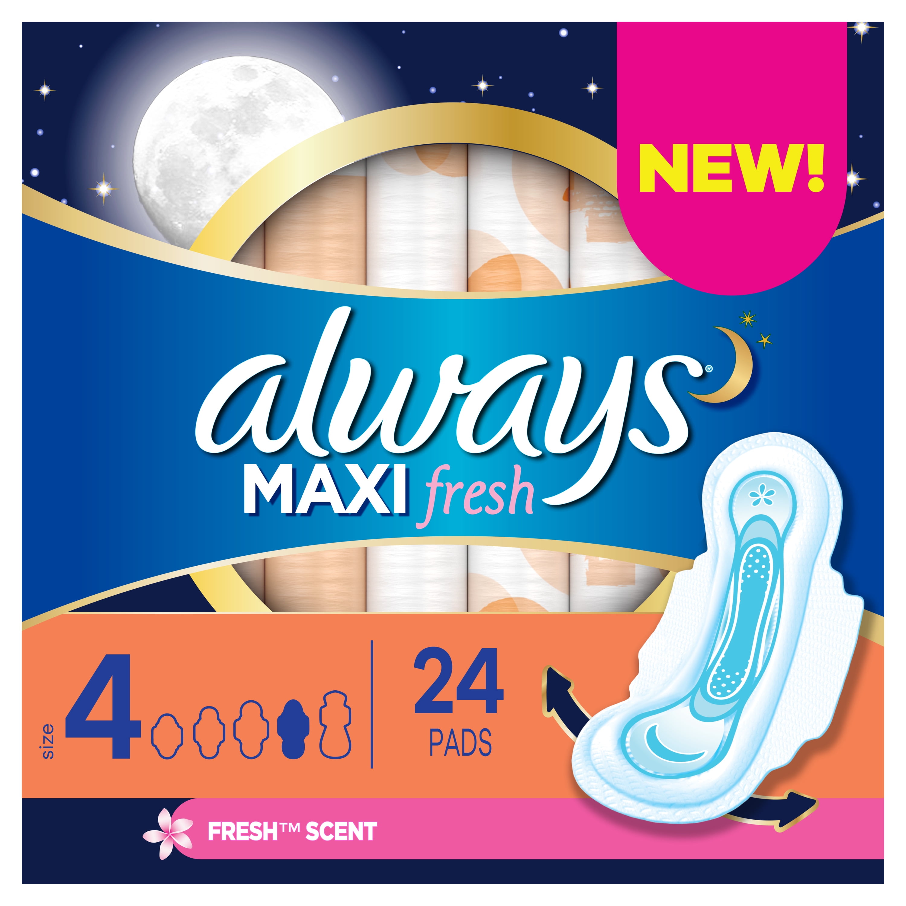 Always Maxi Overnight Pads with Wings Scented, Size 4, 24 Ct - Walmart.com
