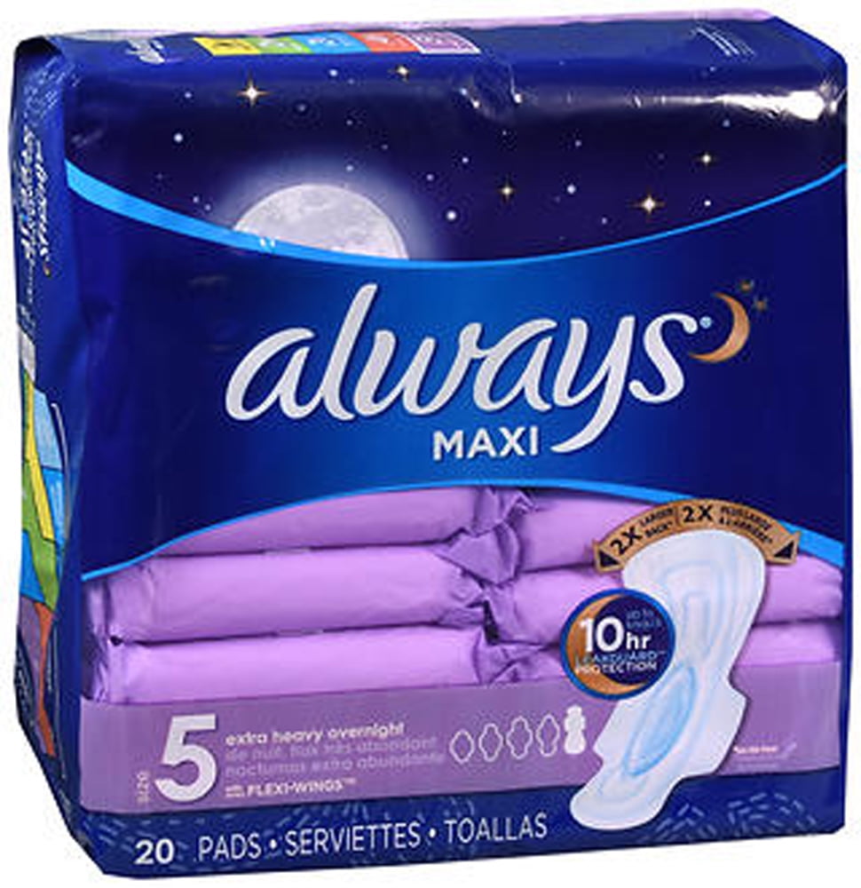 Always Maxi Overnight Pads with Wings, Size 5, Extra Heavy Overnight ...