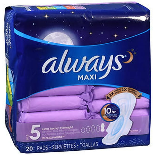 Always Maxi Overnight Pads with Wings, Size 5, Extra Heavy Overnight ...