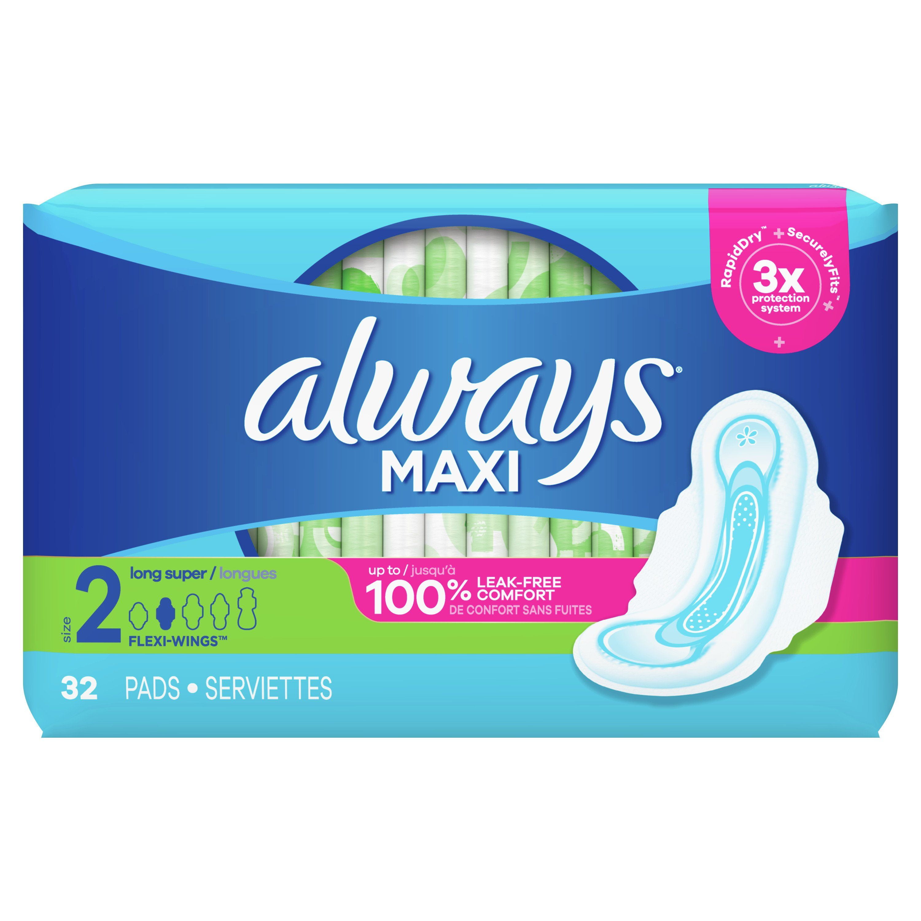 Always Maxi Pads Long Super Absorbency Unscented with Wings Size 2 - 32 ...
