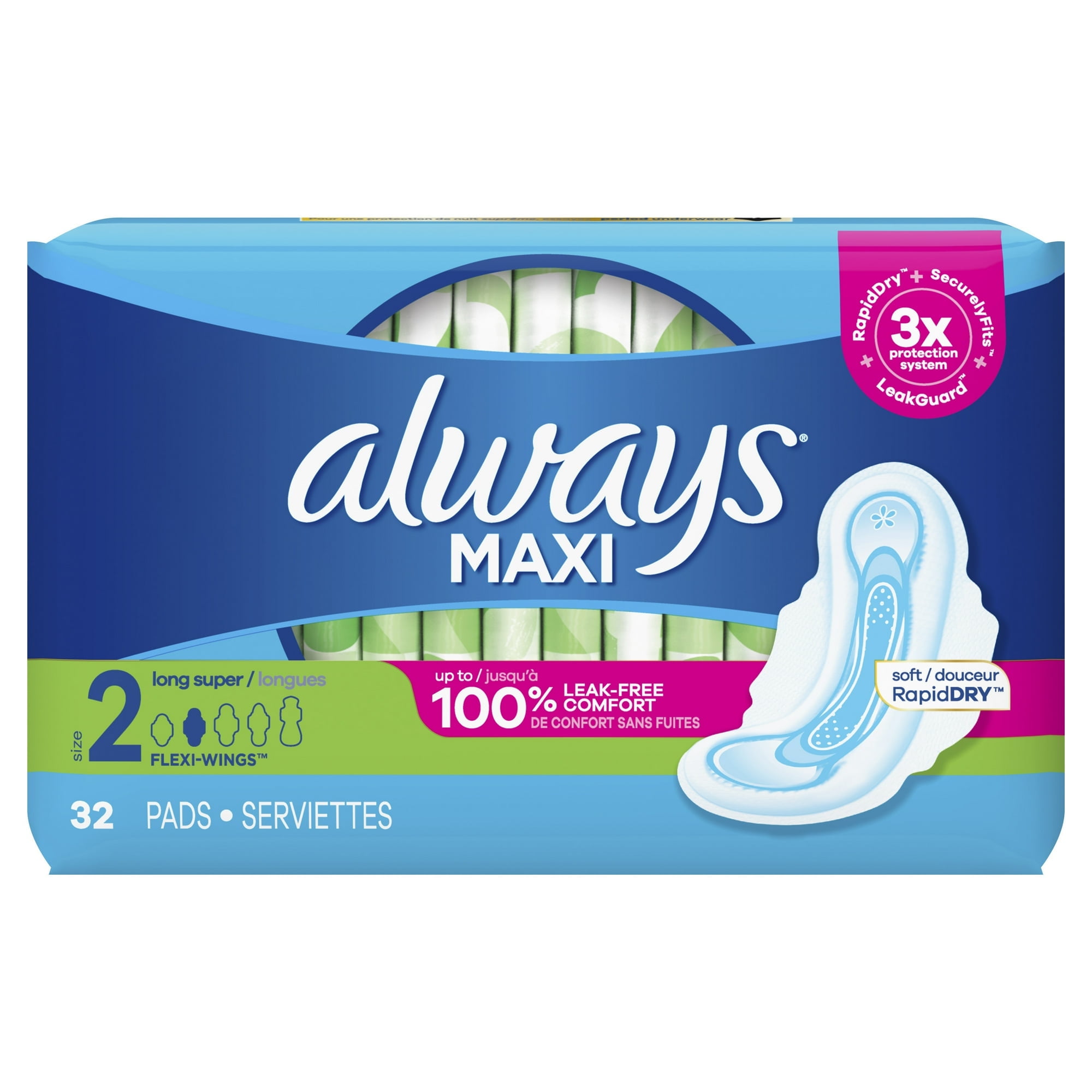 Always Maxi Pads Long Super With Flexi-Wings - 32 Pads 3 Pack - Walmart.com