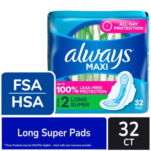 Always Maxi Pads with Wings Long Super Absorbency Size 2 Unscented 32 ...