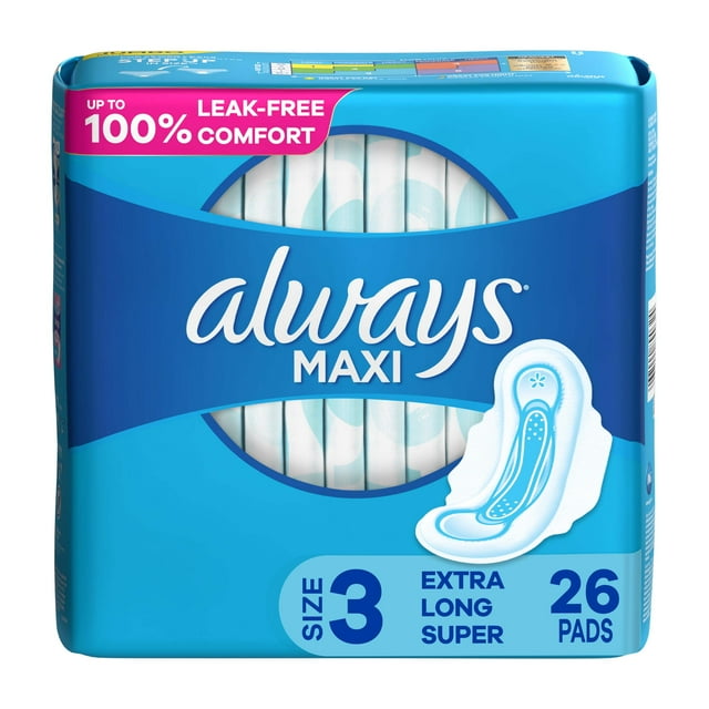 Always Maxi Pads with Wings, Size 3, Extra Long Super Absorbency, 26 ...
