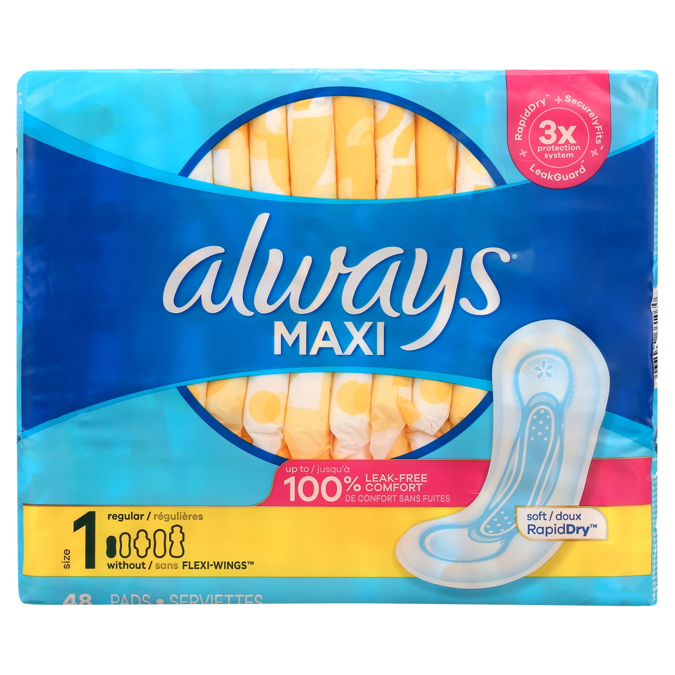 Always Maxi Pads without Wings, Size 1, Regular Absorbency, 48 Count ...