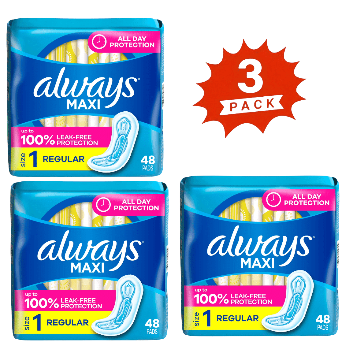 Always Maxi Size 1 Regular Pads without Wings, 144 Count (3-Pack ...
