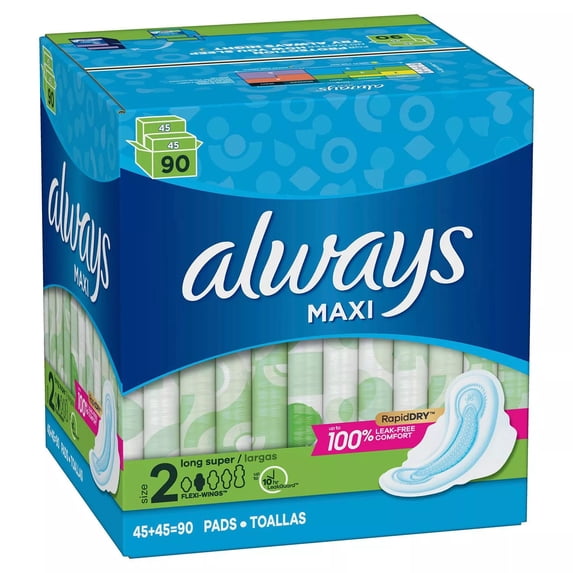 Always Maxi Size 2 Long Super Pads with Wings, Overnight Protection (90 ...