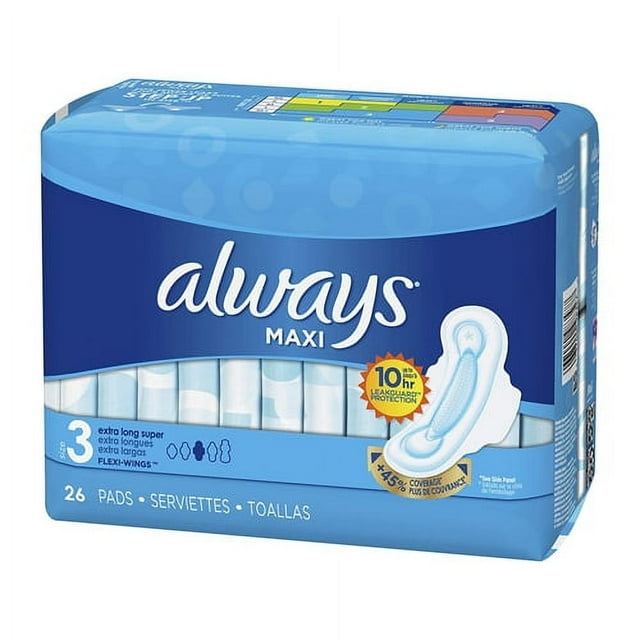 Always Maxi Size 3 Extra Long Super Pads with Flexi Wings, 26 Count, 6 ...